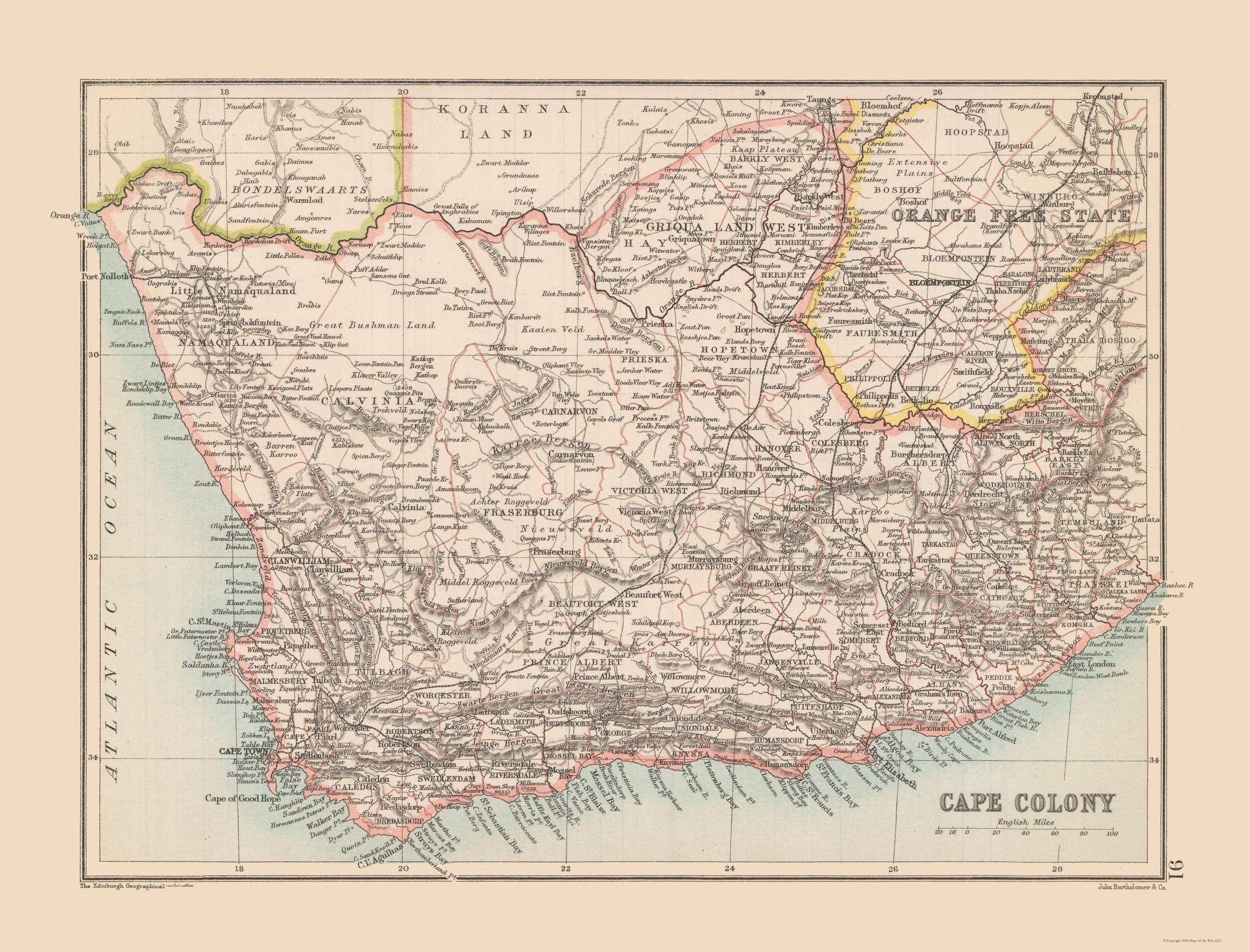 Historic Map - Cape Colony South Africa - Bartholomew 1892 - 30.16 x 23 ...