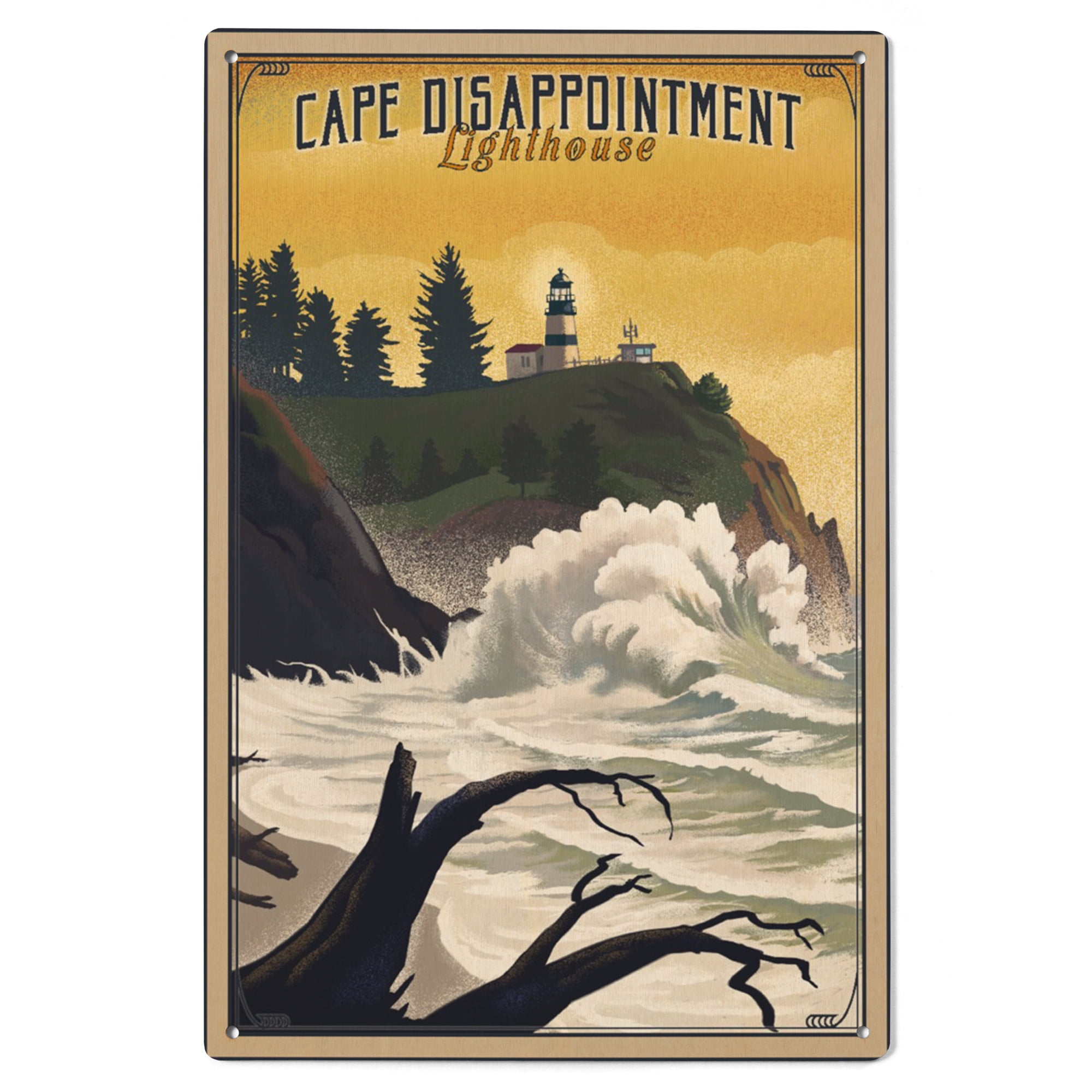 Cape Disappointment Lighthouse, Lithograph Birch Wood Wall Sign (6x9 ...