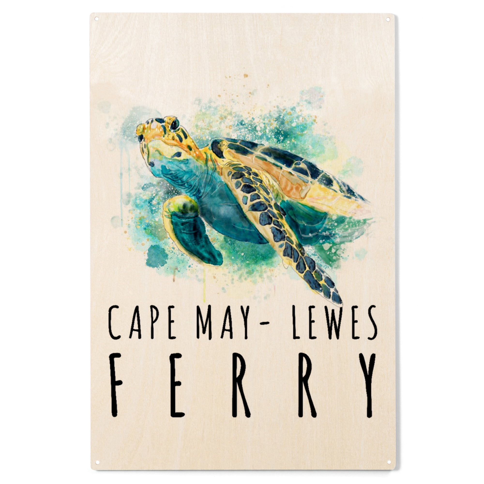 Cape May, Lewes Ferry, Sea Turtle, Watercolor Birch Wood Wall Sign ...