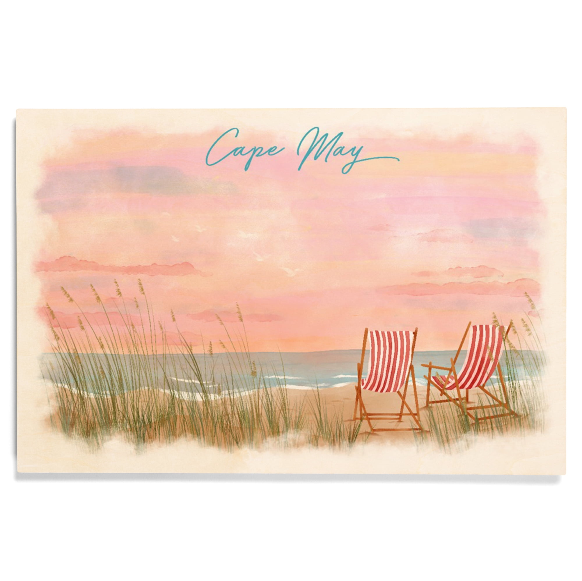 Cape May, New Jersey, Beach Scene, Watercolor Birch Wood Wall Sign ...