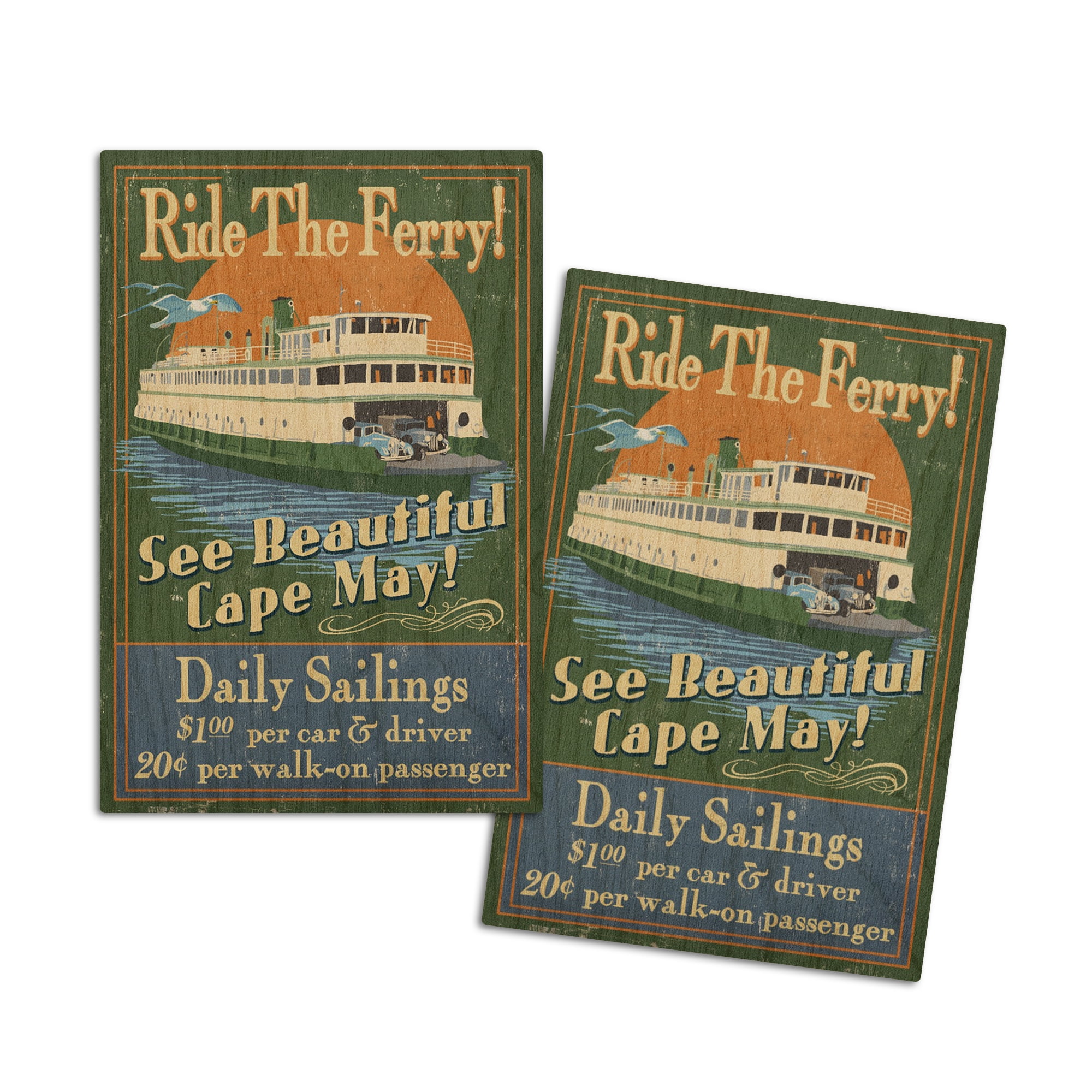 Cape May, New Jersey, Ferry Vintage Sign (4x6 Birch Wood Postcards, 2 ...