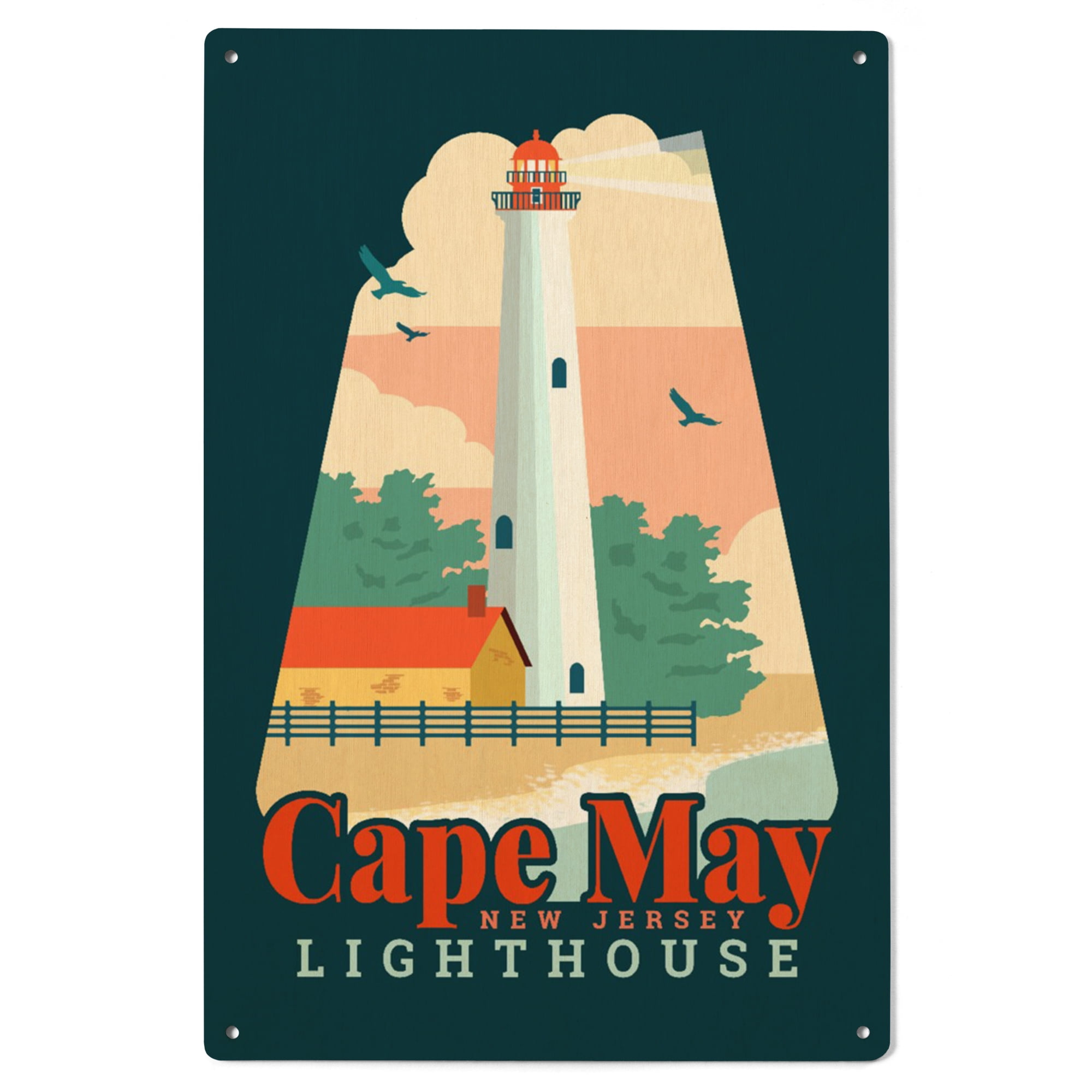Cape May, New Jersey, Lighthouse Scene, Vector, Contour Birch Wood Wall ...