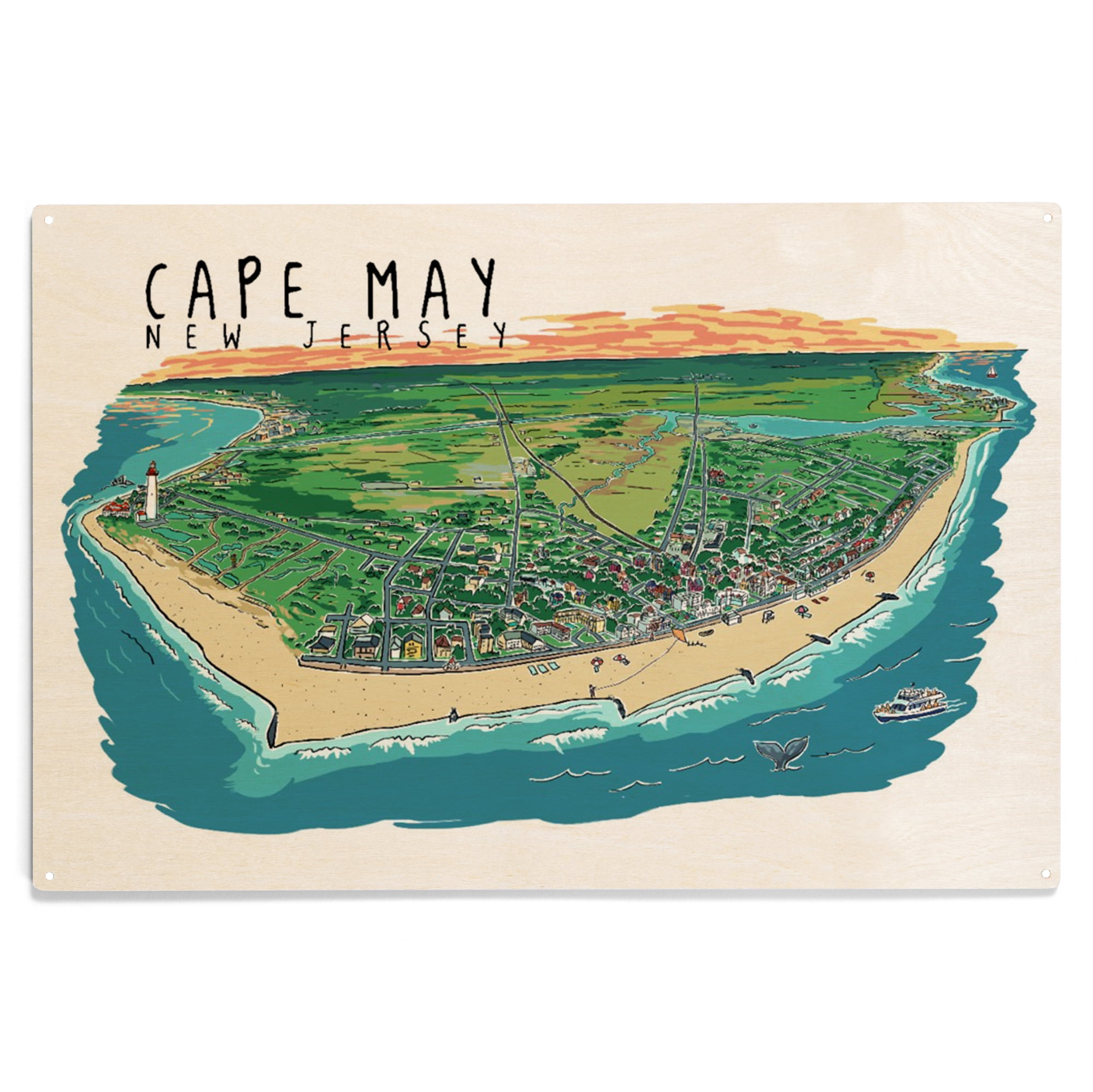 Cape May, New Jersey, Line Drawing Birch Wood Wall Sign (10x15 Rustic ...