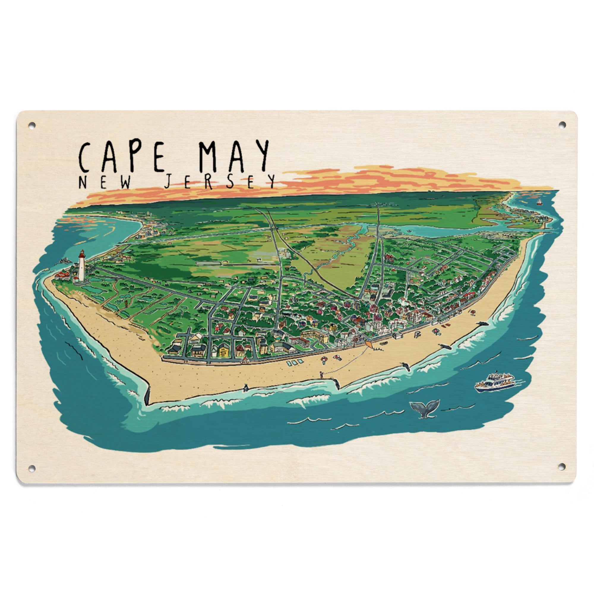Cape May, New Jersey, Line Drawing Birch Wood Wall Sign (6x9 Rustic ...