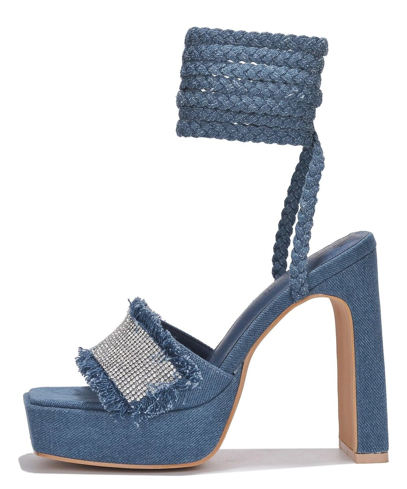 Cape Robbin Dannie Light Blue Denim Rhinestone Open Toe Block Heeled ...