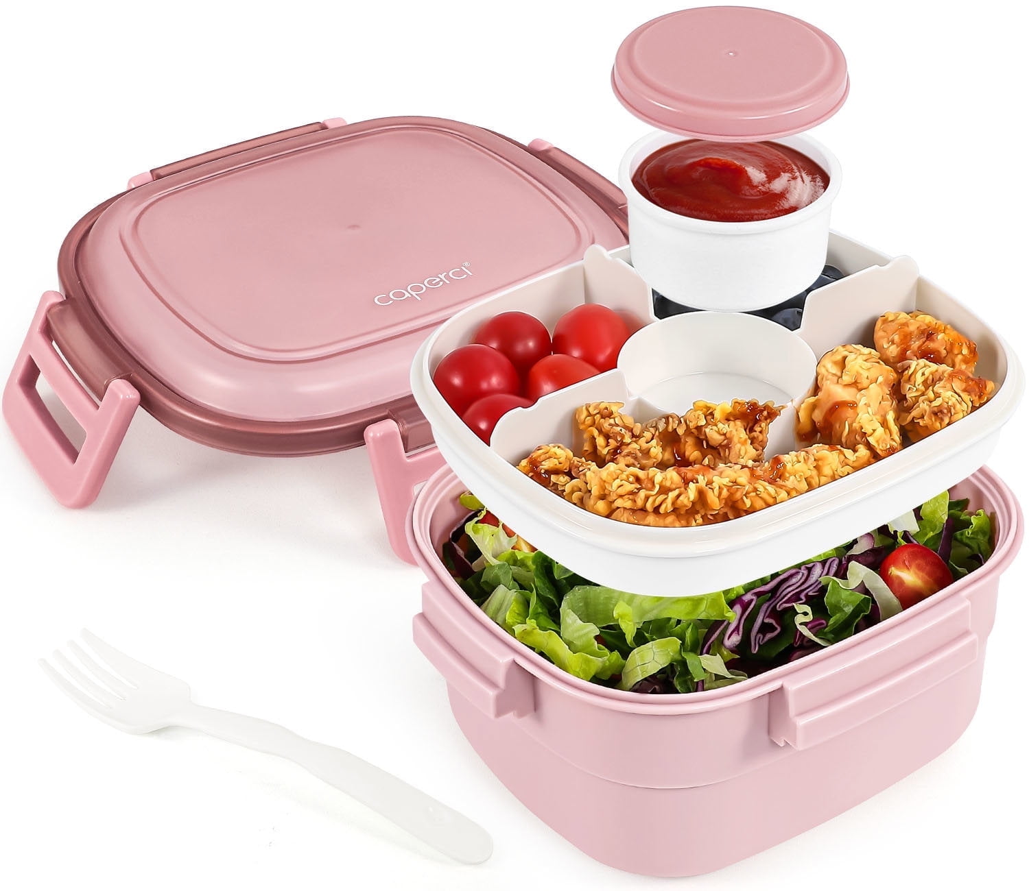 Caperci 55 oz Superior Salad Bento Box with 4-Compartments, 3 oz Sauce ...