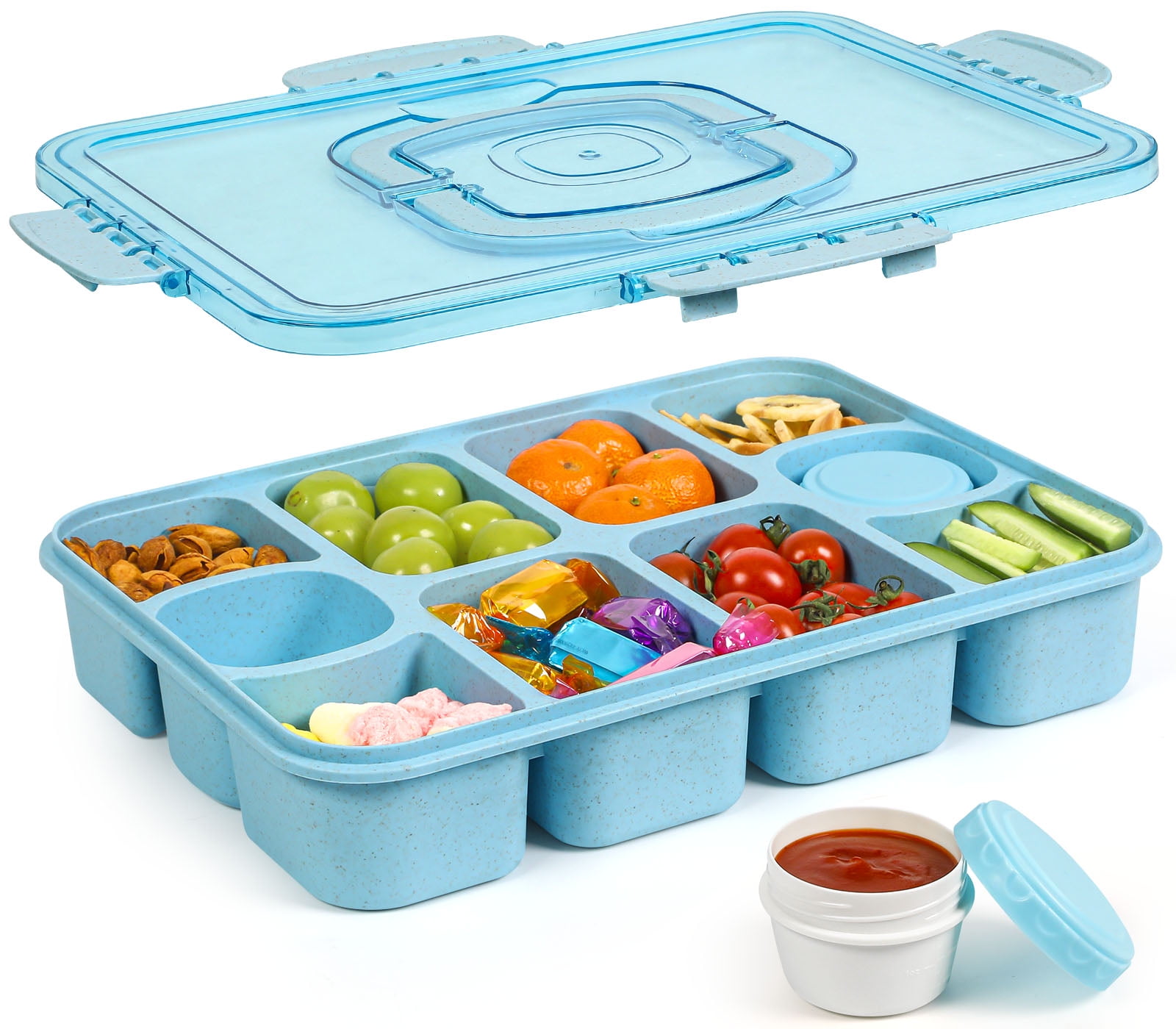 Caperci All-in-One Serving Tray with Handle - 10 Compartments and Built-in 2 Sauce Cups Portable ...
