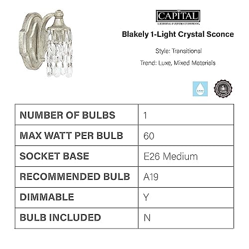 Capital Lighting 8521AS-CR Blakely Luxe K9 Crystal Wall Sconce, 1-Light ...