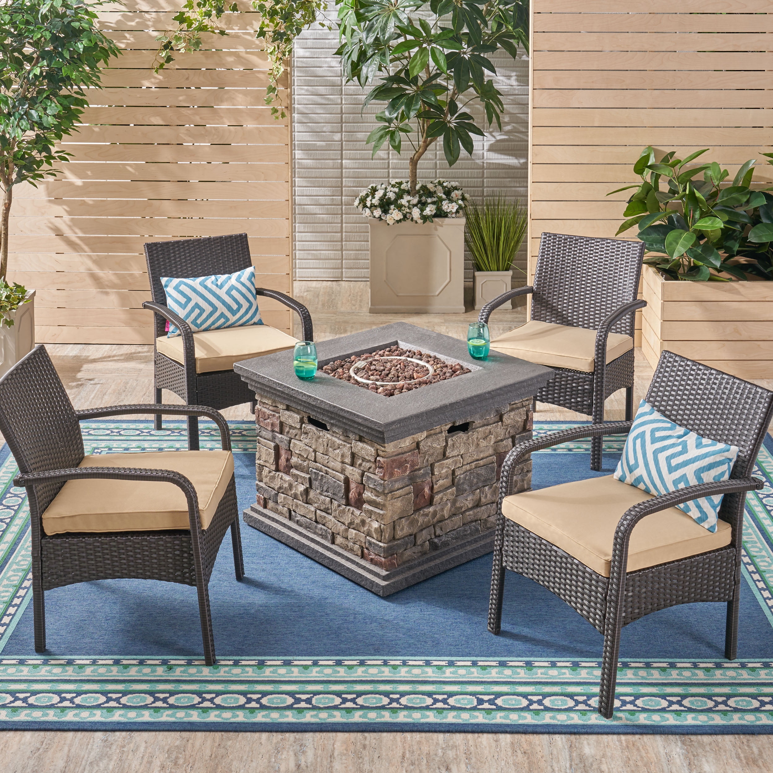 Capitan Outdoor 5 Piece Wicker Chat Set with Stone Finished Fire Pit ...