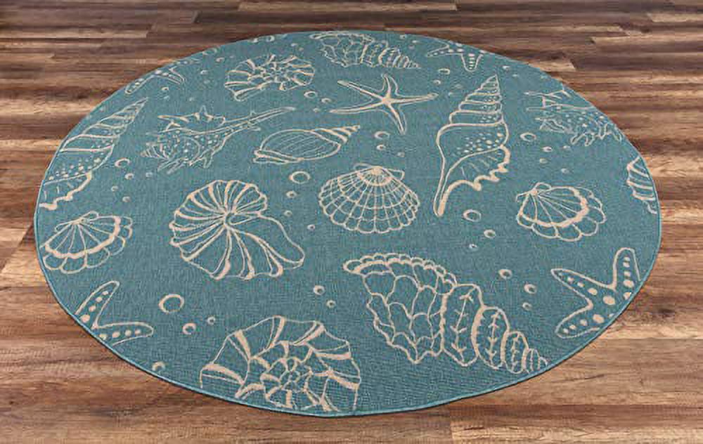 Capitola Shells Blue Beige Transitional Design Indoor/Outdoor Area Rug ...