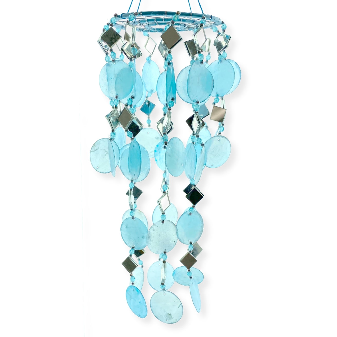 Capiz Mirror Windchime - 17" Indoor Outdoor Hanging Teal Coastal Shell ...