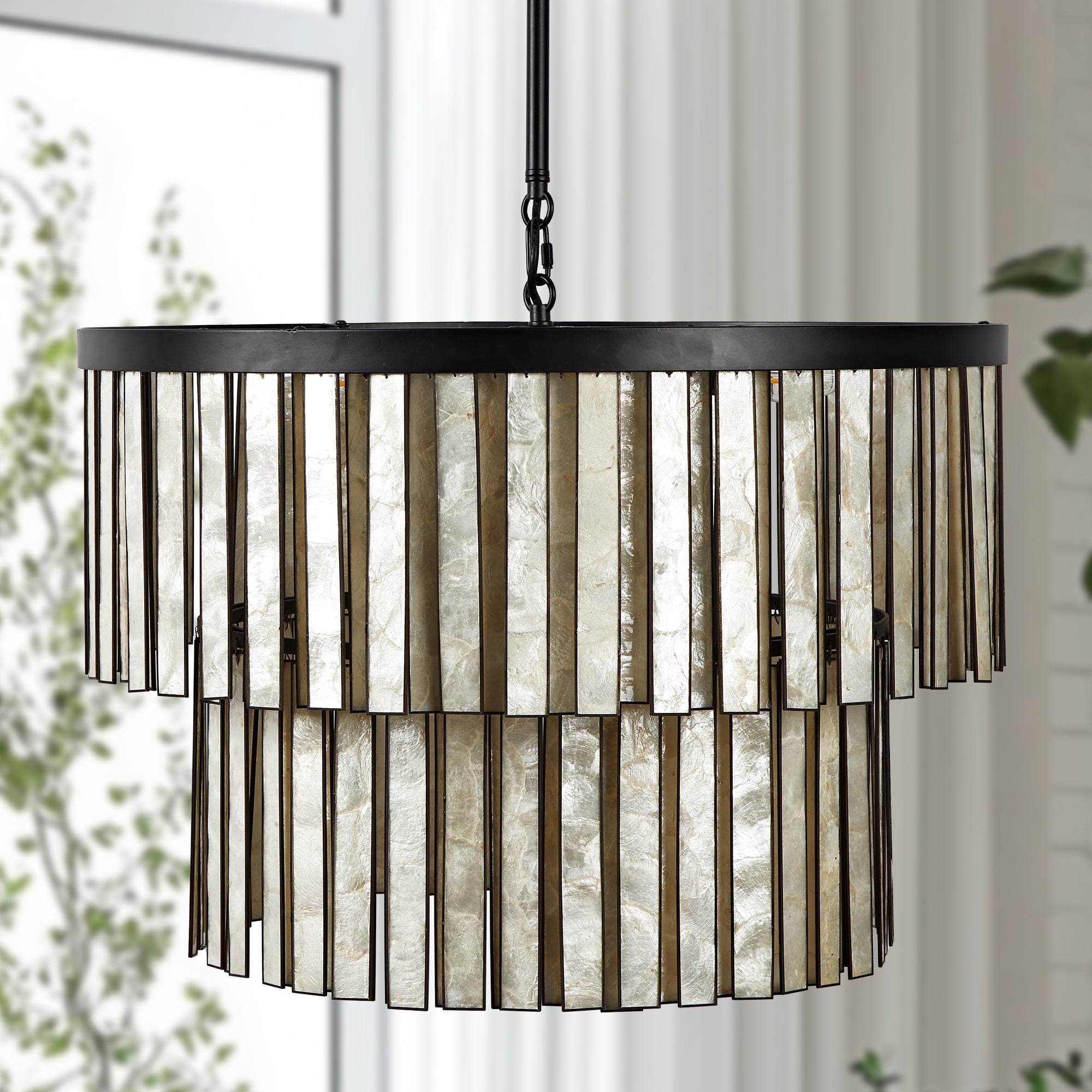 Coastal Round Capiz Chandelier, Natural Sea Shell Ceiling Lamp, Ceiling ...