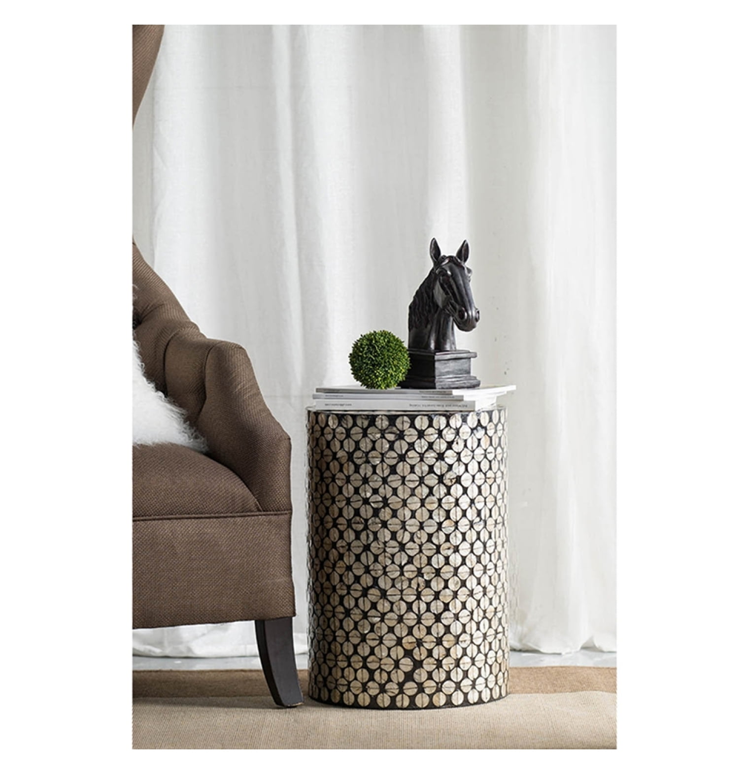 Capiz Stool - 14x20” Black Cylindrical Accent Side Table - Modern Drum Design for Living Room ...