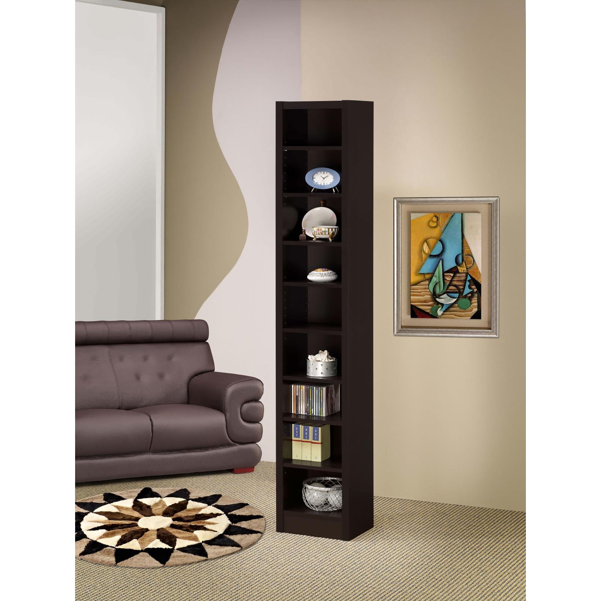 Cappuccino 9-Tier Narrow Bookcase - Space-Saving Organizer | Versatile ...