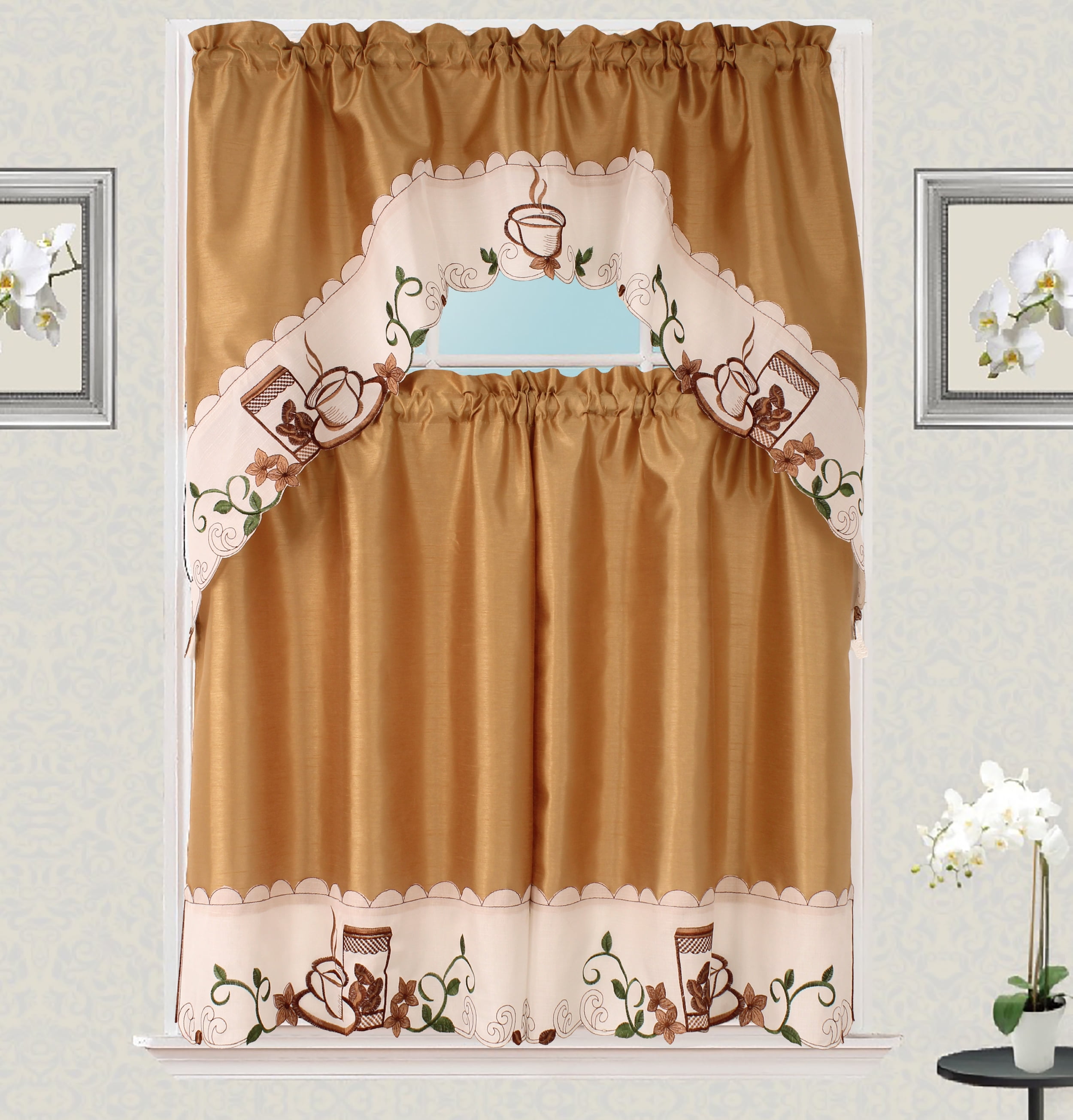 Cappuccino Embroidery Design Kitchen Curtain with Swag and Tier Set 36 ...