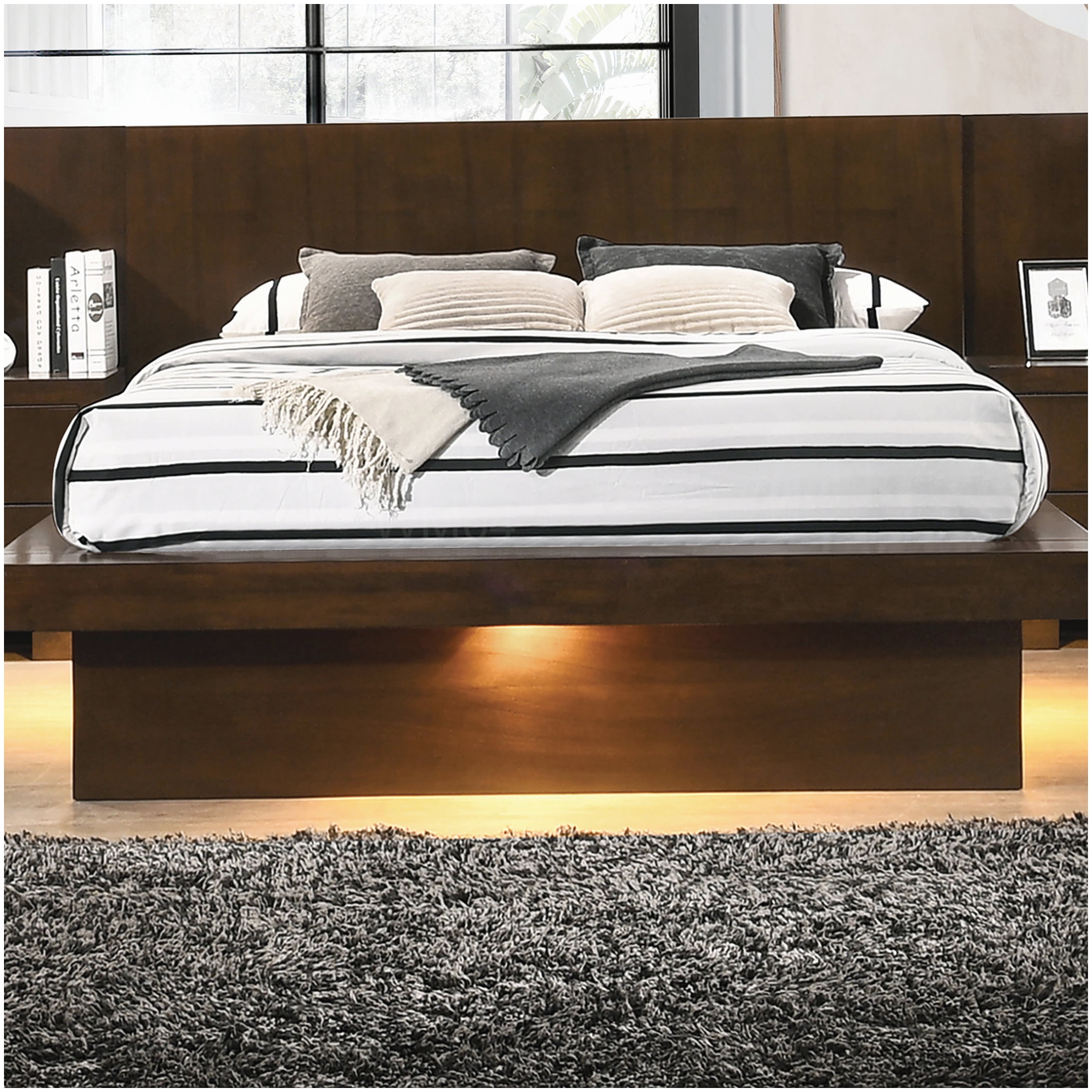 Cappuccino Finish Queen Storage Bed with LED Lights, Platform Design ...