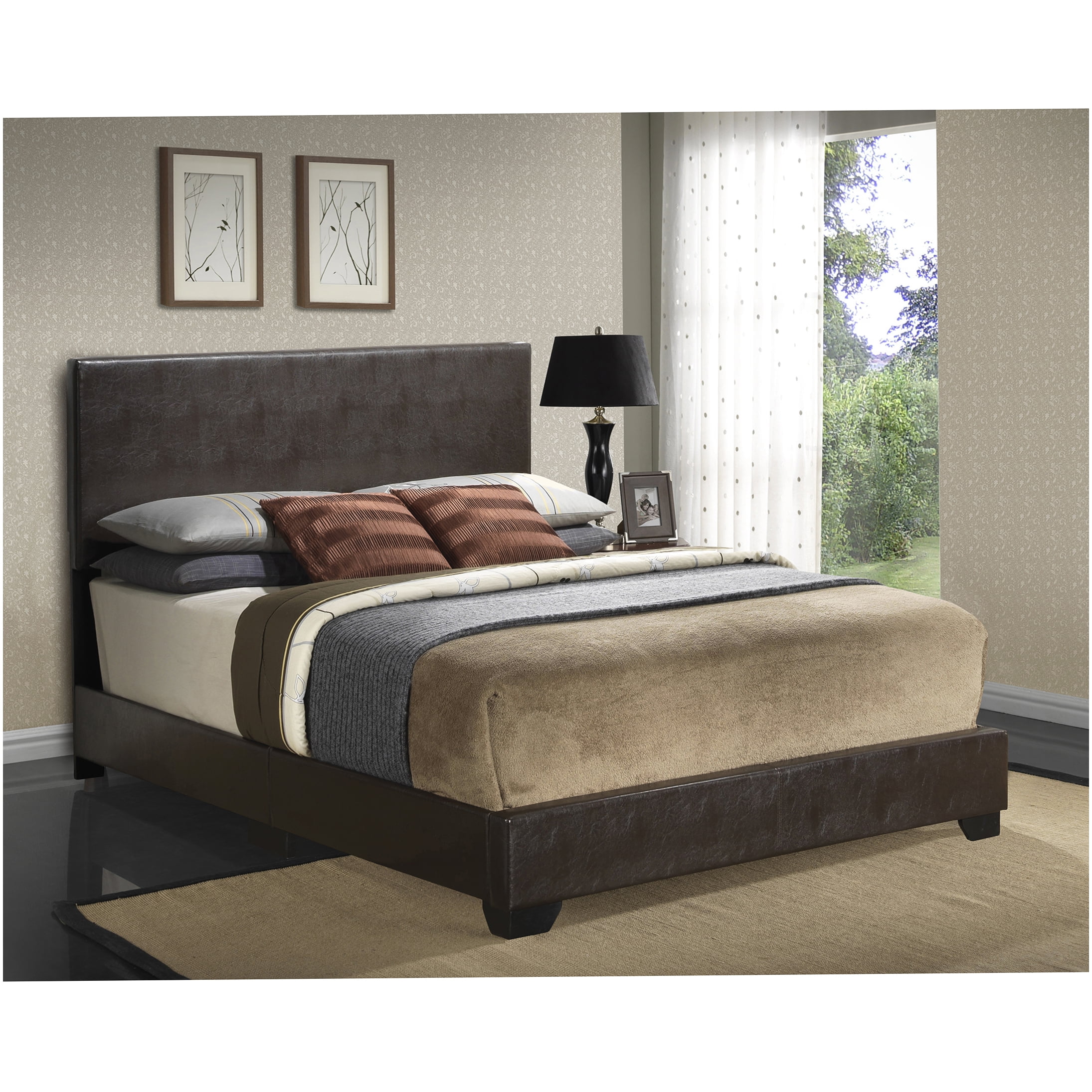 Cappuccino PU Leather Full Size Bed Frame, Upholstered Platform Bed ...