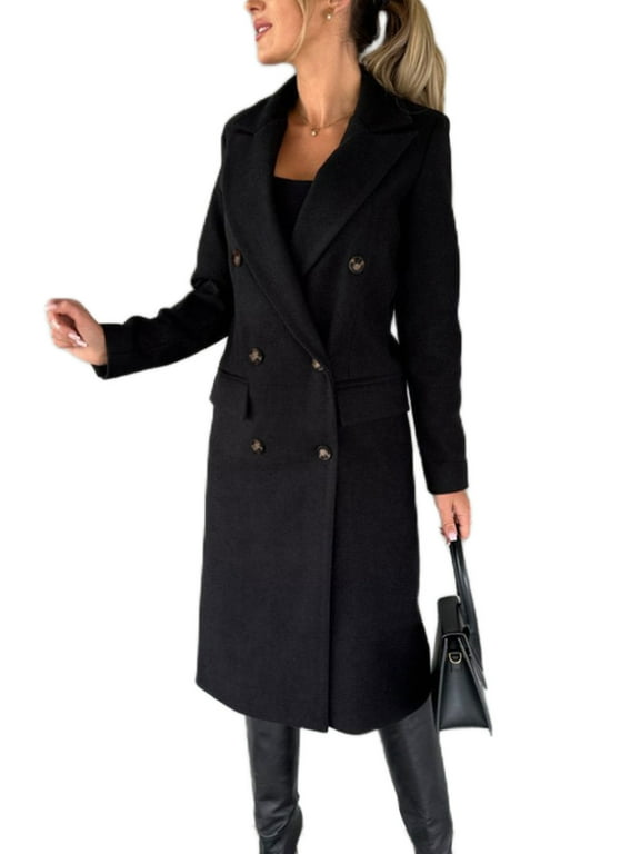 Clearance Fall Winter Pea Coat Women's Basic Essential Double Breasted Mid-Long Wool Blend ...