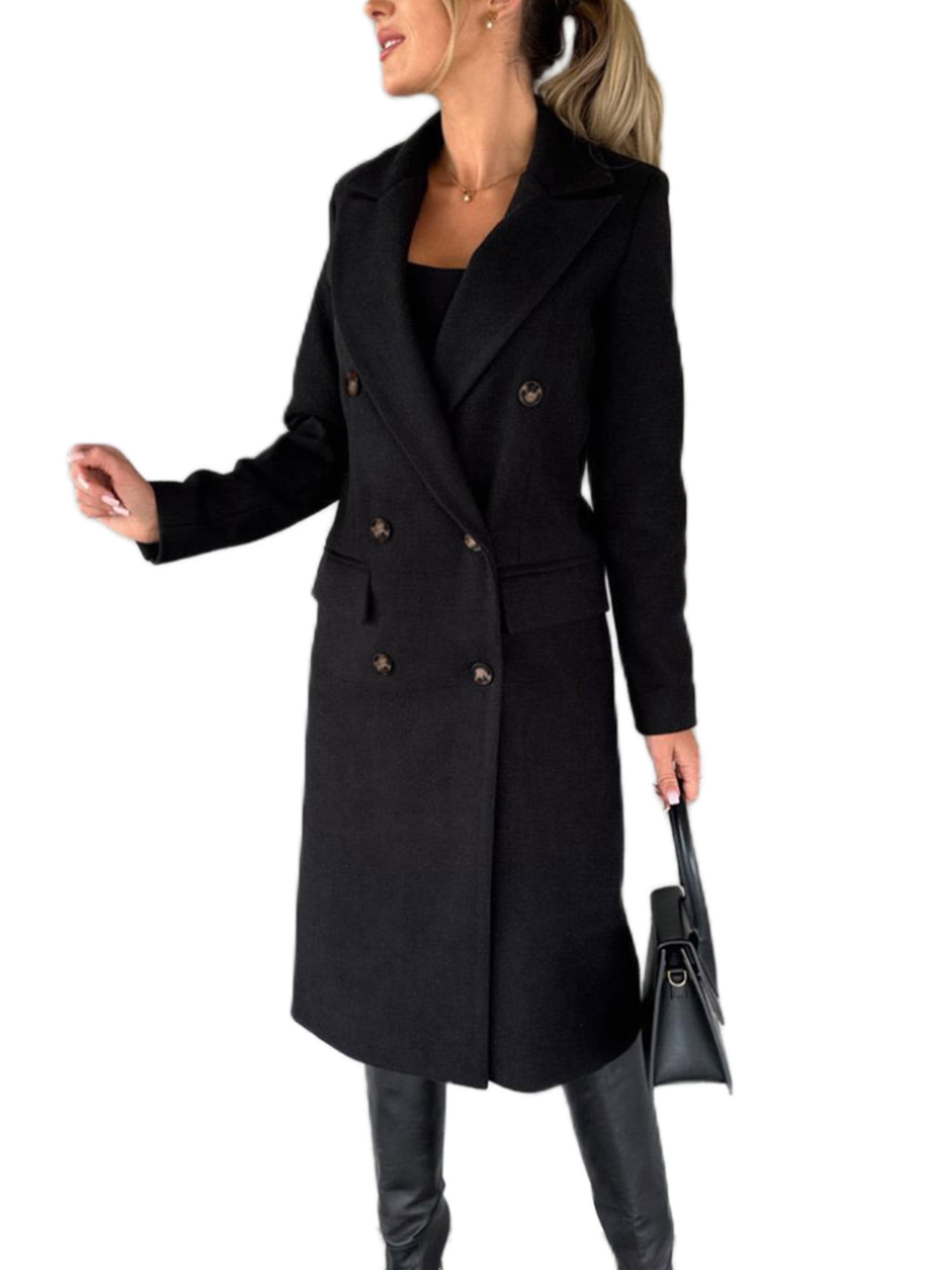 Capreze Women's Trench Light Wool Blend Double Breasted Pea Coat, Long ...