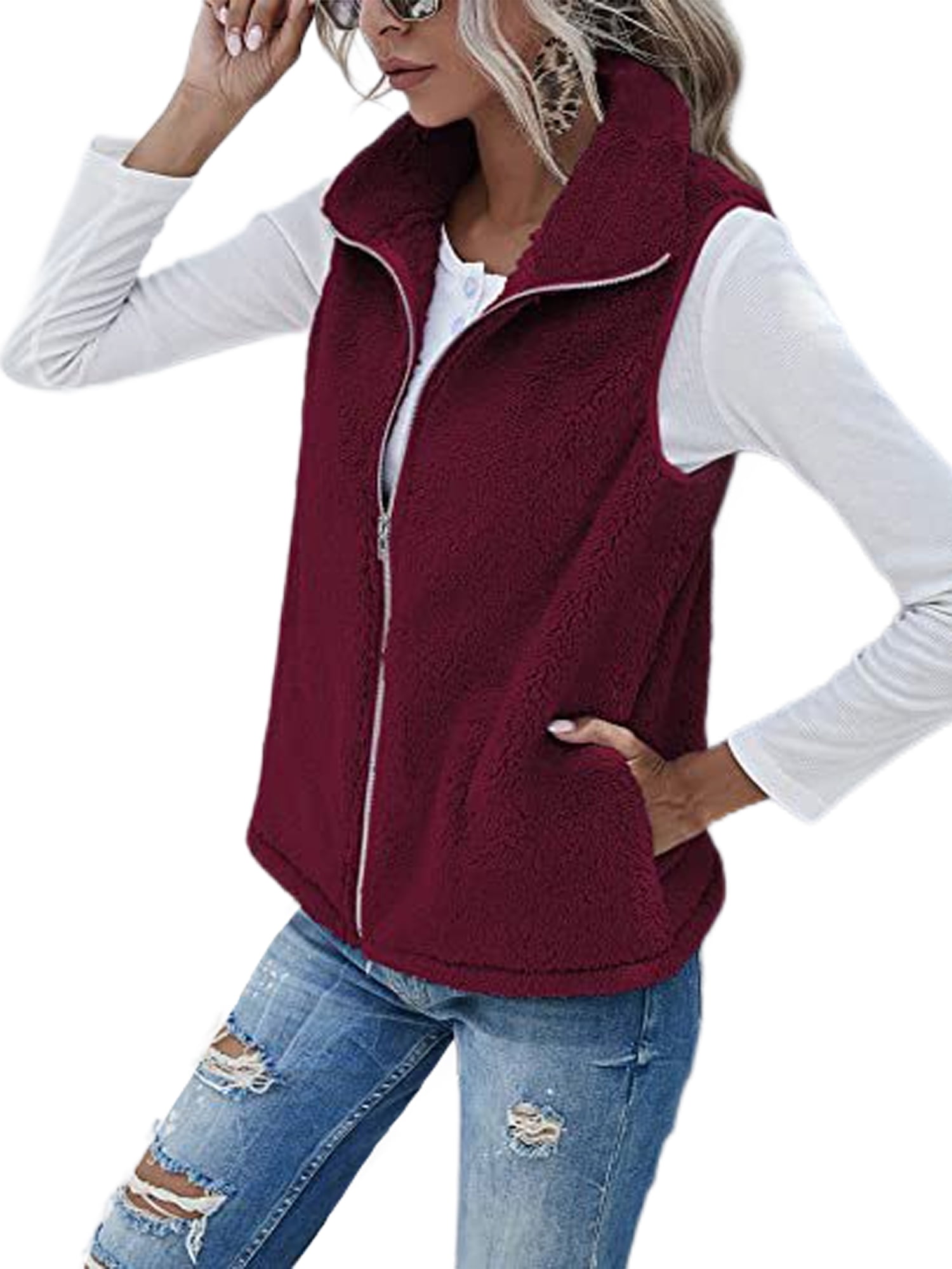 Capreze Fuzzy Fleece Sleeveless Jacket Vest for Women Solid Color ...