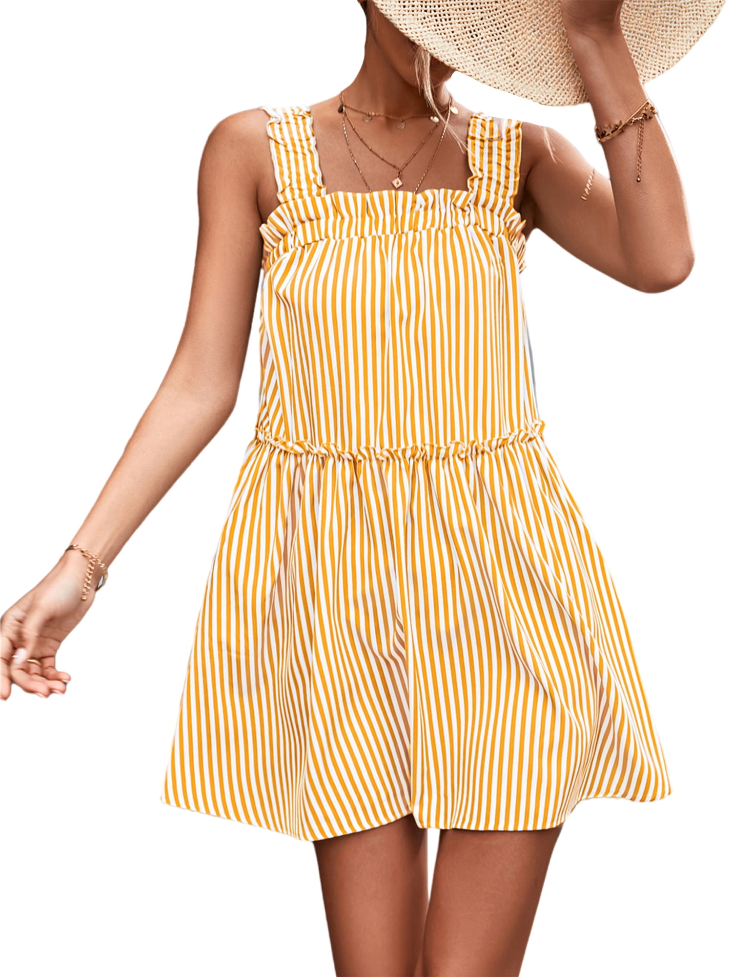 Capreze Ladies Summer Beach Sundress Striped Slip Dresses Square Neck ...
