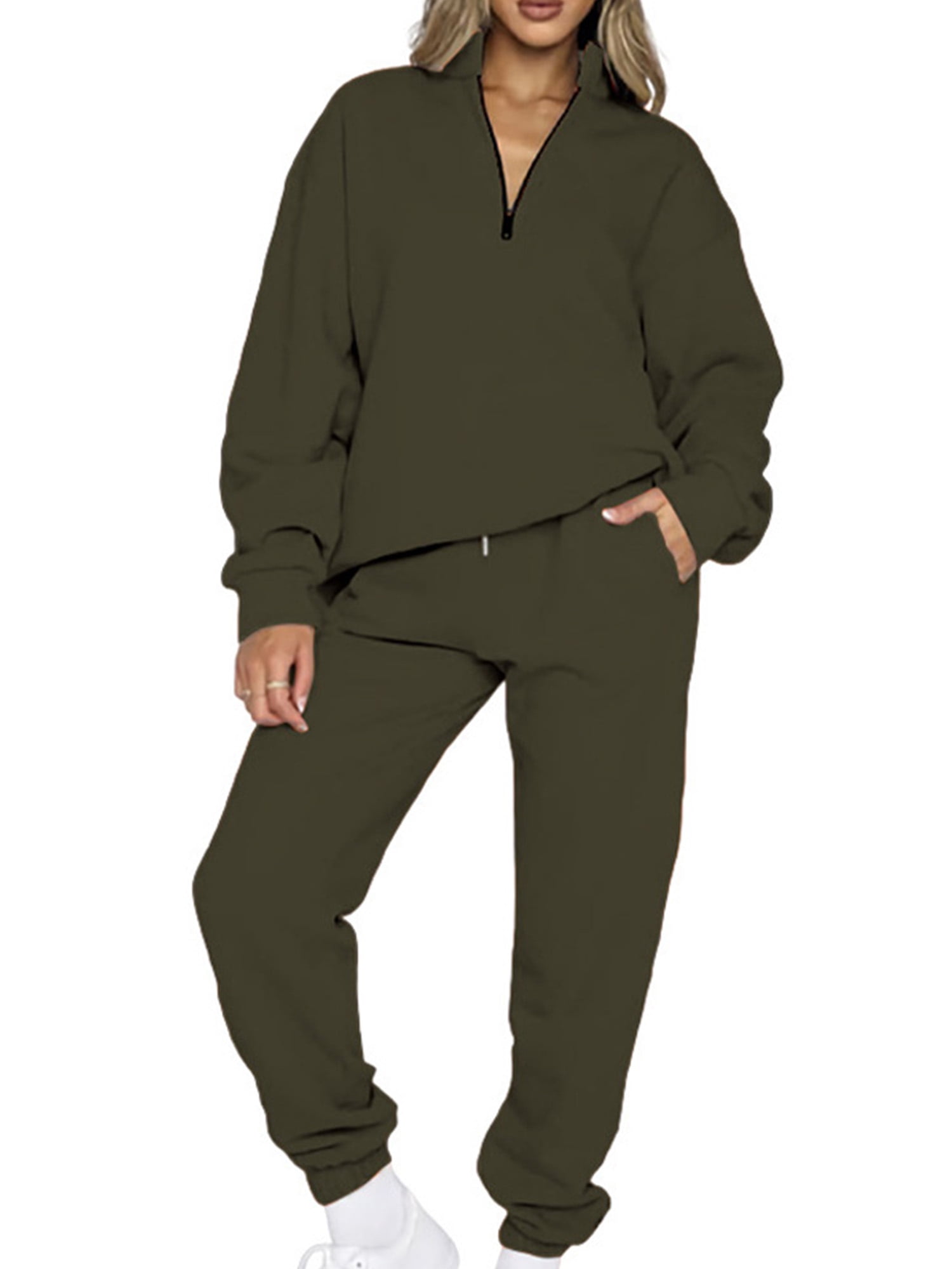 Capreze Ladies Two Piece Outfit Solid Color Tracksuit Set V Neck Jogger ...