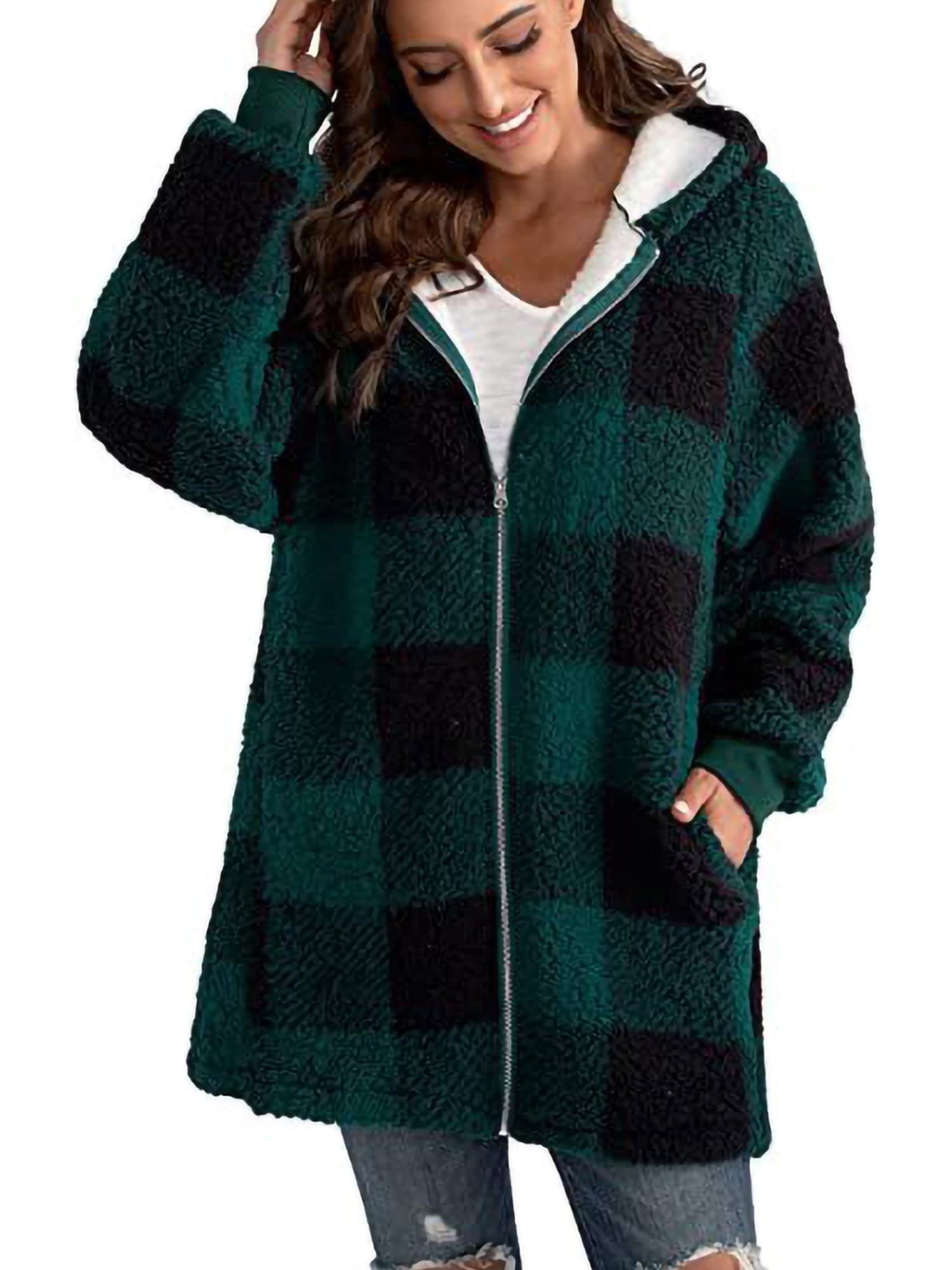 Capreze Sherpa Fuzzy Fleece Hooded Coat for Women Winter Full Zip Up ...