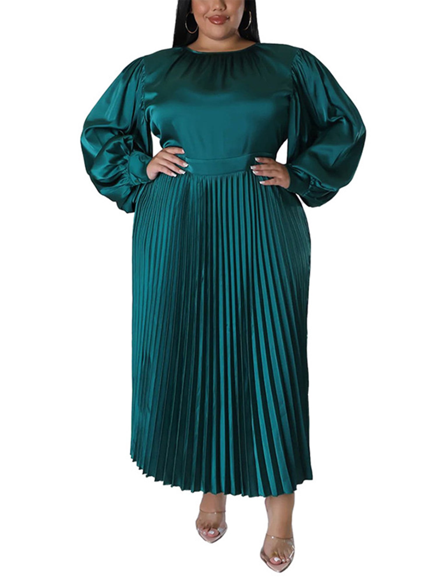 Capreze Women Dresses Solid Color Maxi Dress Plus Size Long Sleeve Crew ...