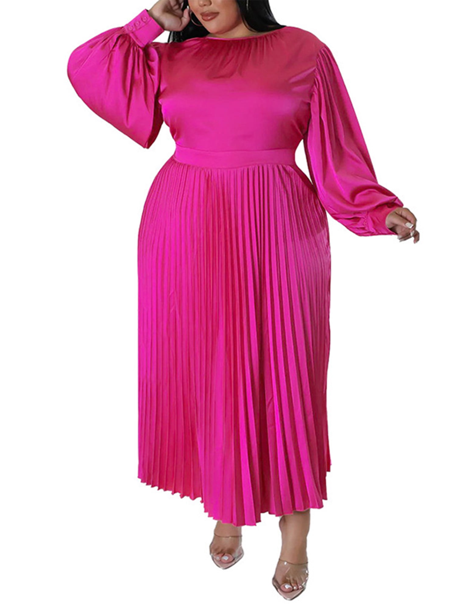 Capreze Women's Solid Color Maxi Dress, Long Sleeve Crew Neck, Plus ...