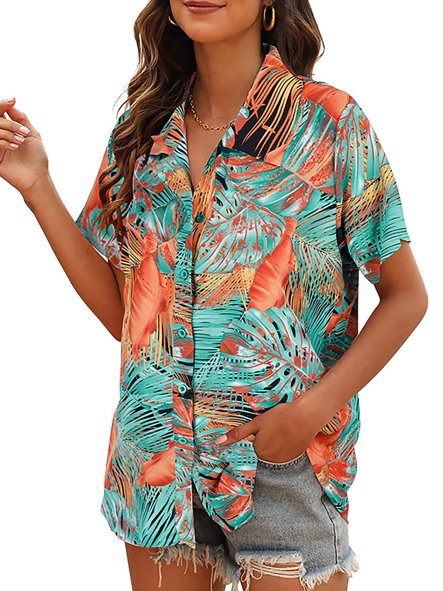 Capreze Women Hawaiian Button Down Blouse Floral Tropic Print Shirts ...