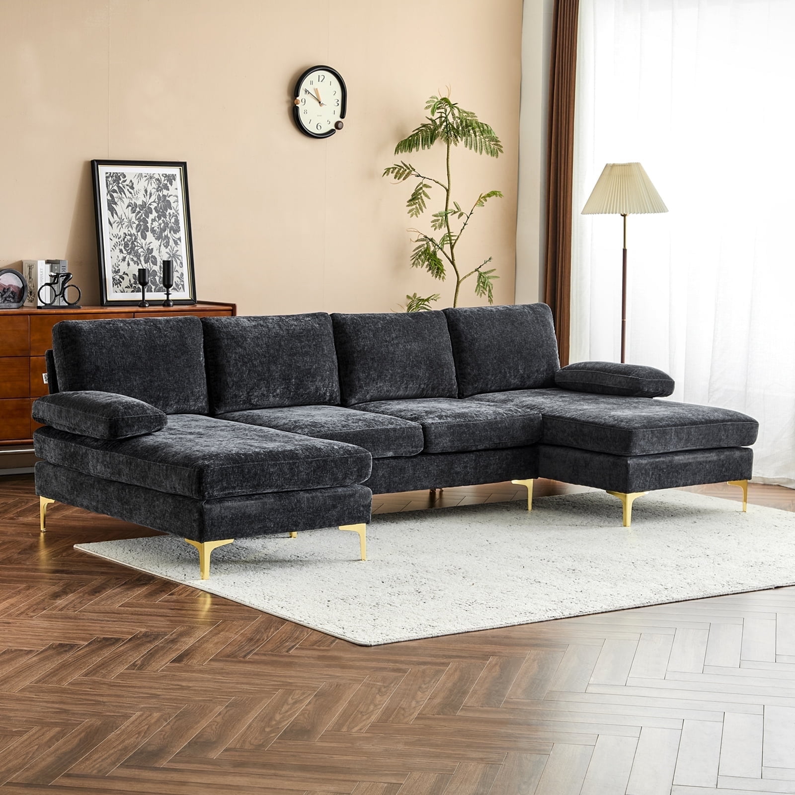 Capri 112" Modern U Shaped Sectional Sofa with 55"D Double Chaise, Sectional Couch with 6.4 ...