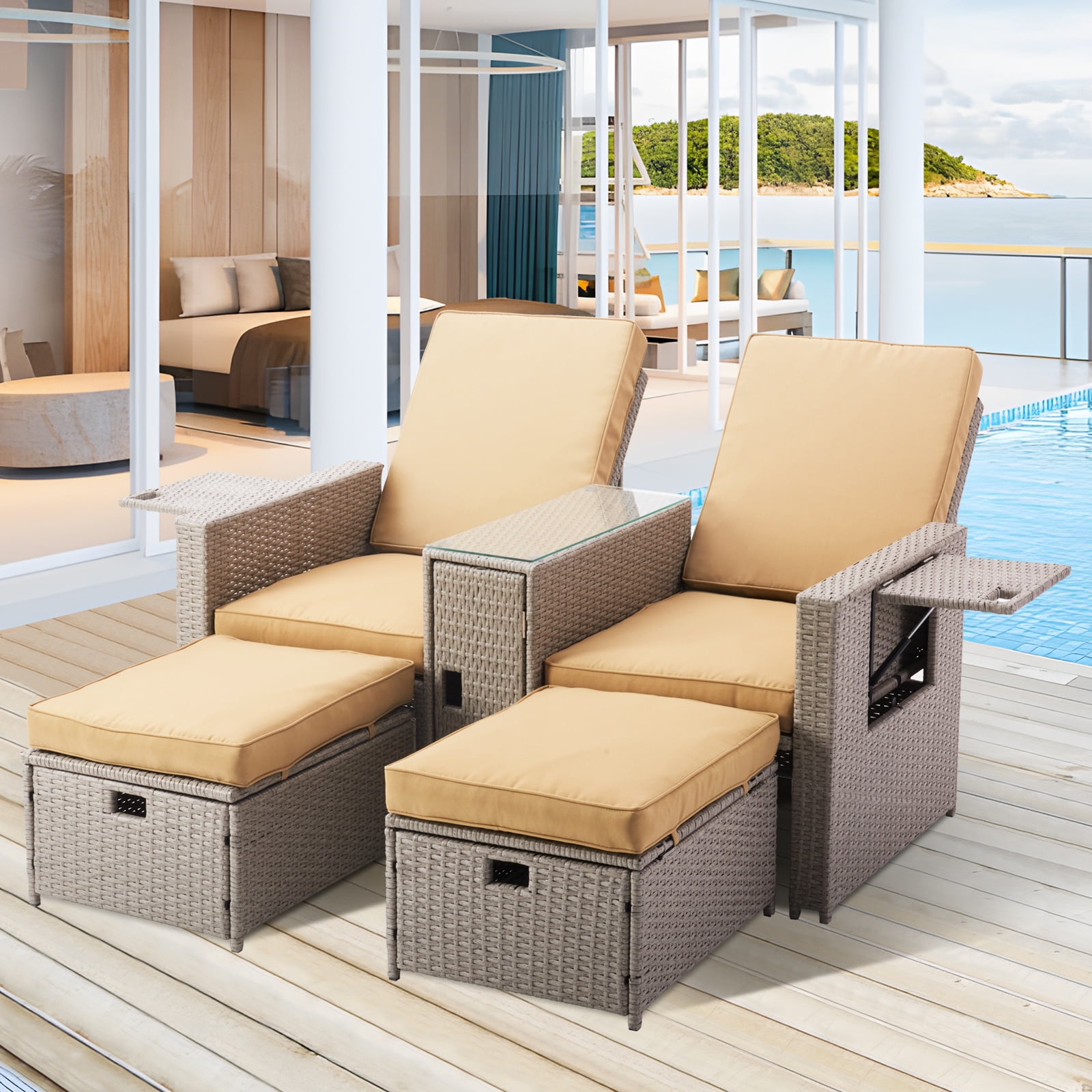 Capri 5 Piece Outdoor Lounge Chair, PE Wicker 6-Level Adjustable ...