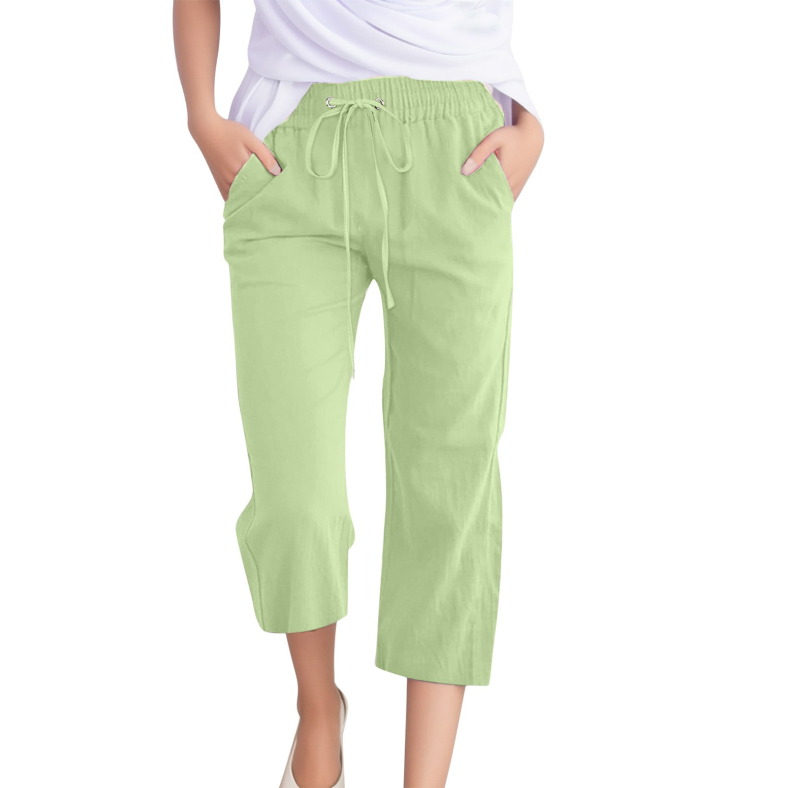 Capri Cargo Pants for Women High Waisted Pull On Elastic Waist Stretch ...