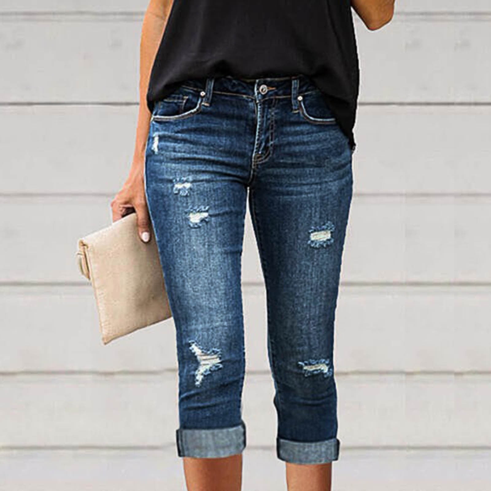 Capri Cropped Women'S Jeans Ripped Stretchy Curvy Distressed Casual ...