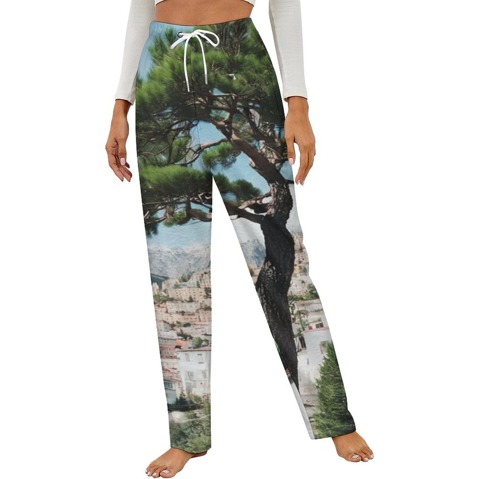 Capri Island Scenery Winter Female Pants Flannel High Waist Women Pants ...