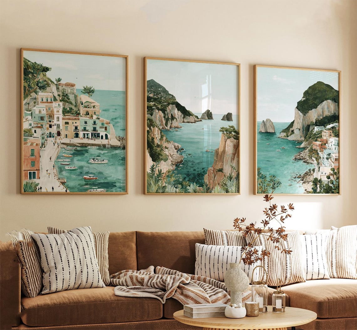 Capri Italy Vintage Coastal Mediterranean Seascape Cityscape Wall Art ...