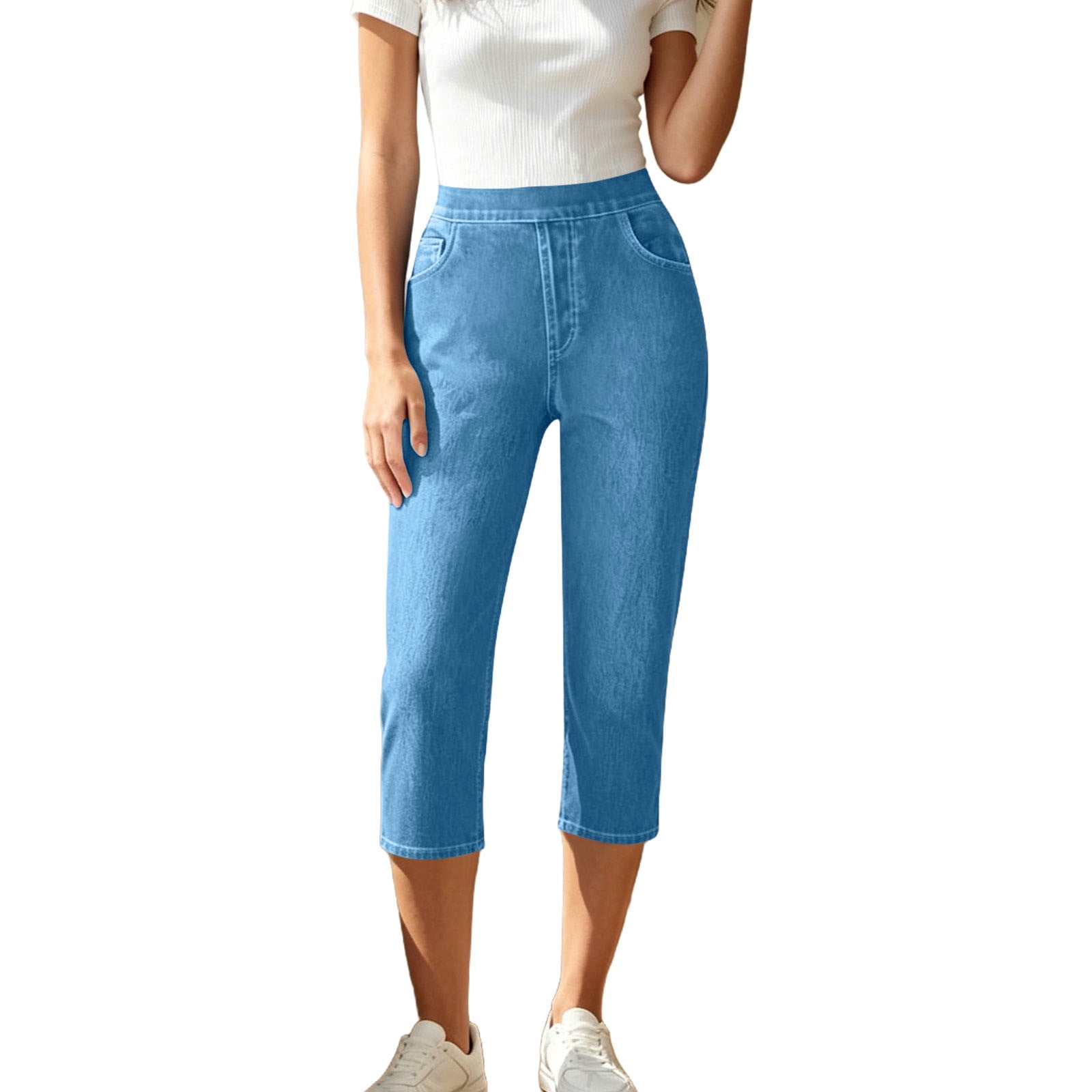 Capri Jeans for Women Skinny High Waisted Pull On Elastic Waist Knit ...