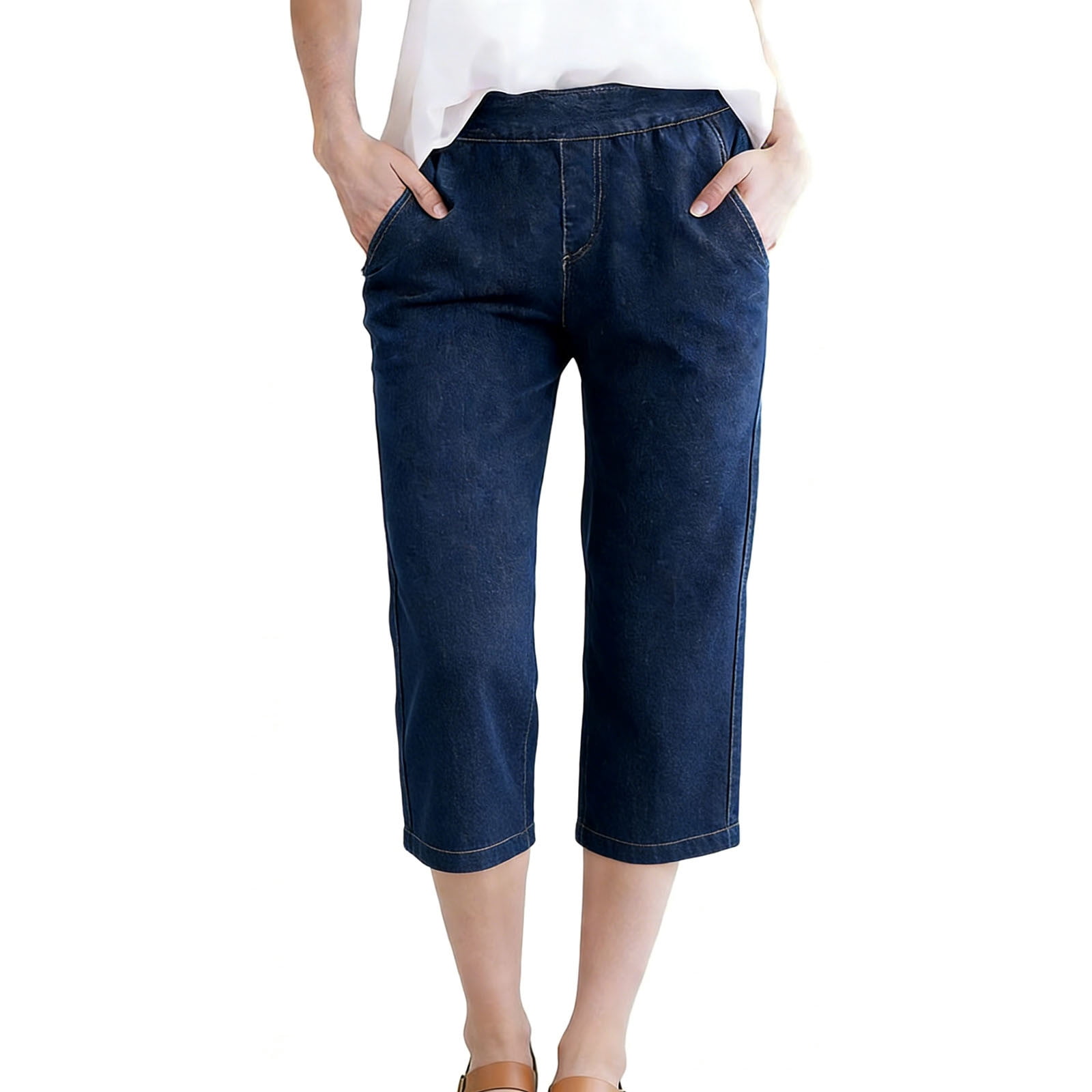 Capri Jeans for Women Trendy Pull On Elastic Waist High Rise Side Split ...