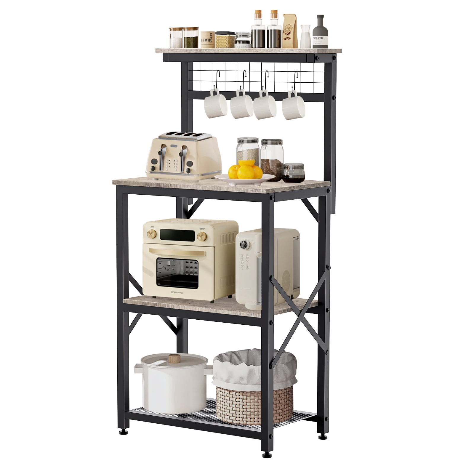 Capri Kitchen Bakers Rack with Storage Shelves and 4 Hooks, Small 4 Tiers Coffee Bar Table ...