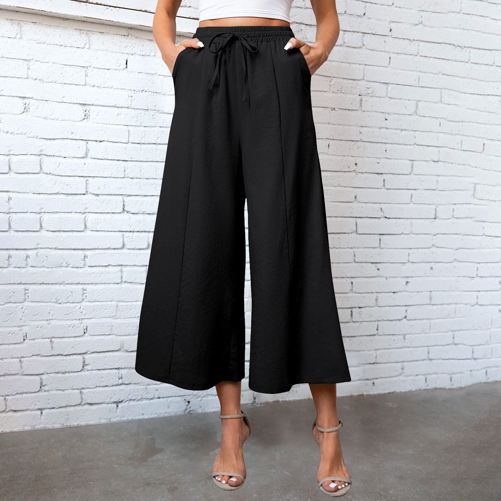 Capri Leggings for Women Fashion Summer Solid Tie Front with Pocket ...
