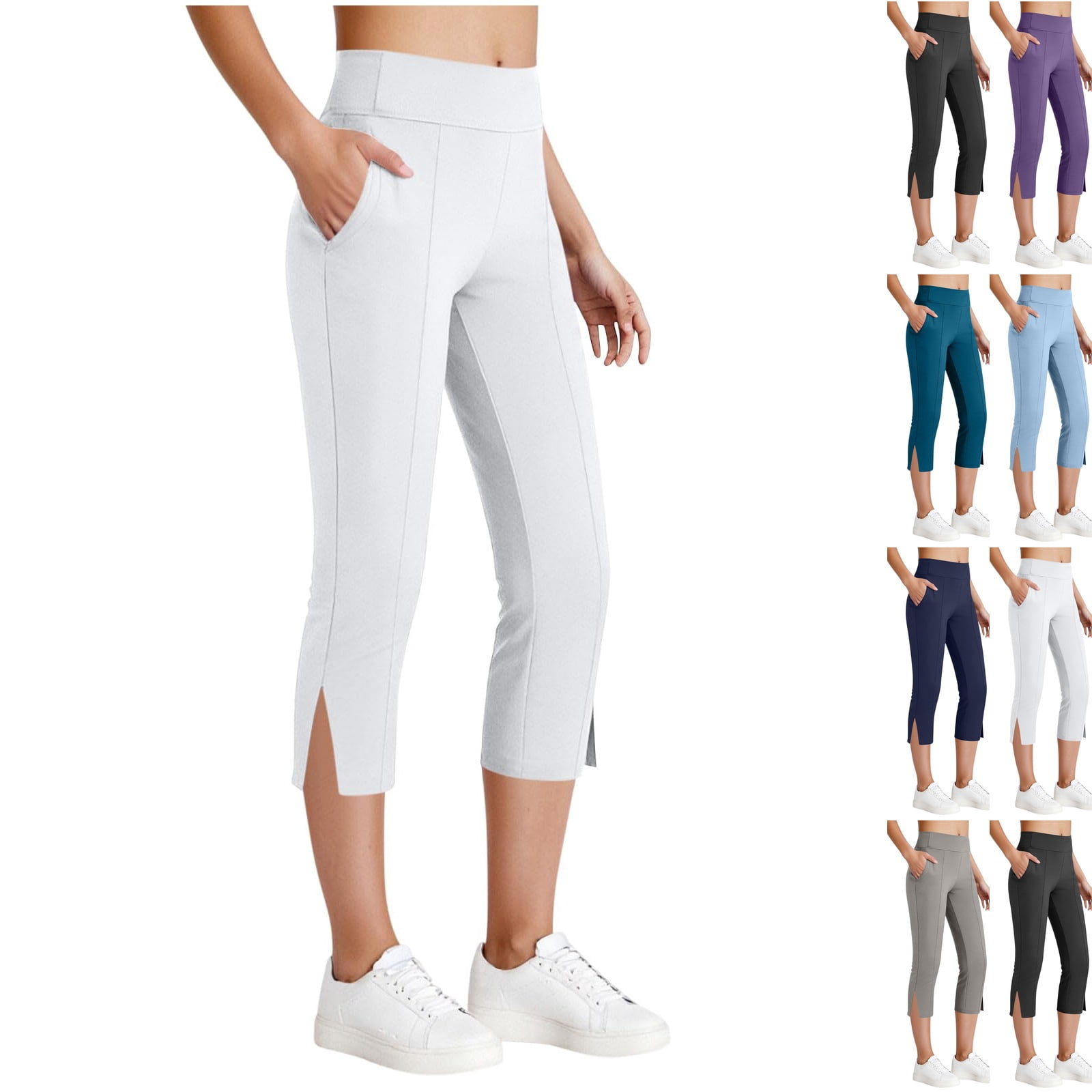 Capri Leggings for Women - High Waist Tummy Control Leggings Side Split ...