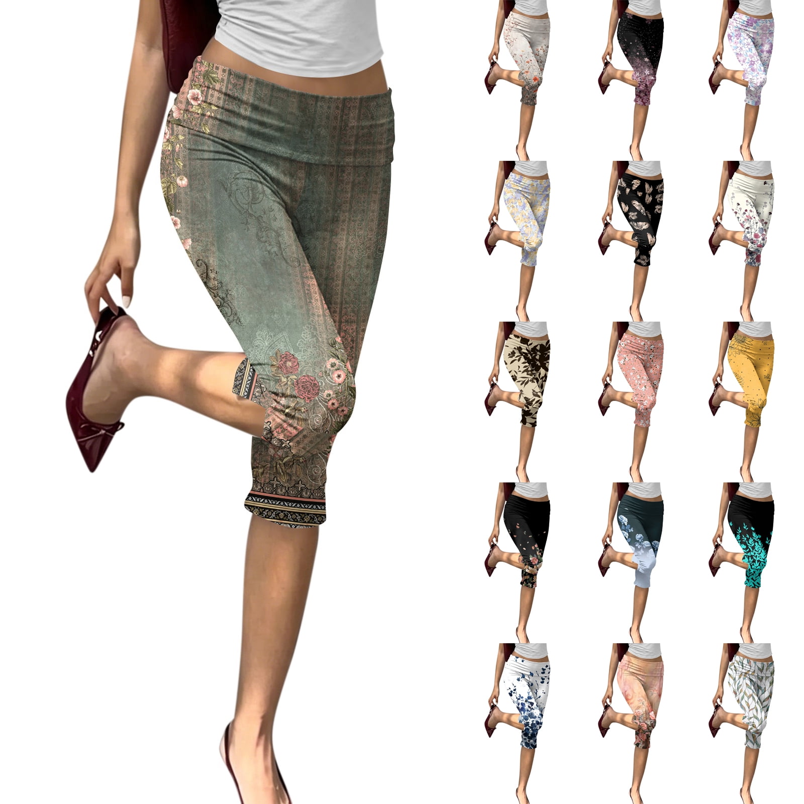 Capri Leggings for Women Low Waisted Slim Leg Floral Capris Split Hem ...