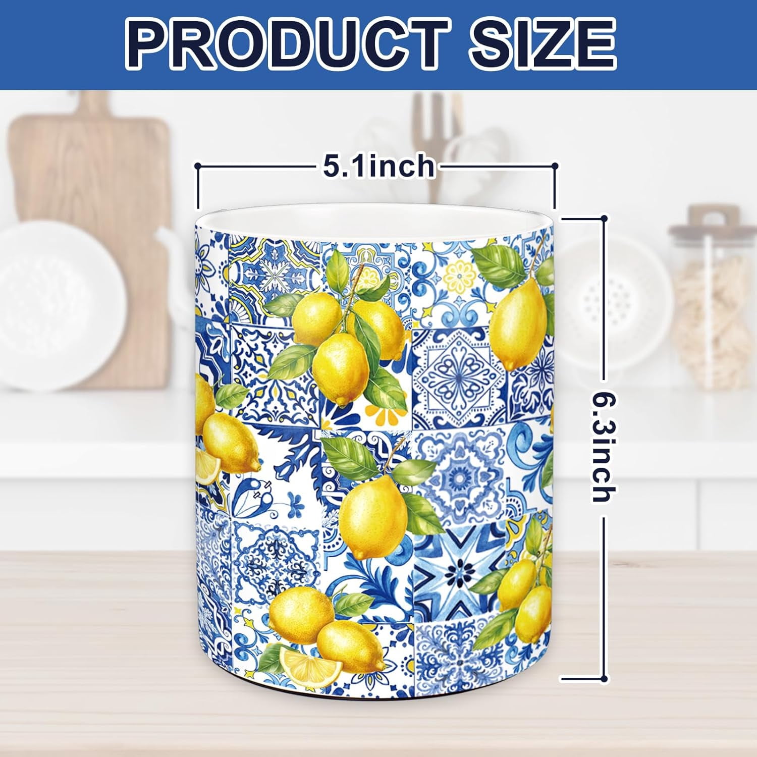 Capri Lemon Ceramic Utensil Holder Blue Tiles Yellow Lemon Kitchen ...