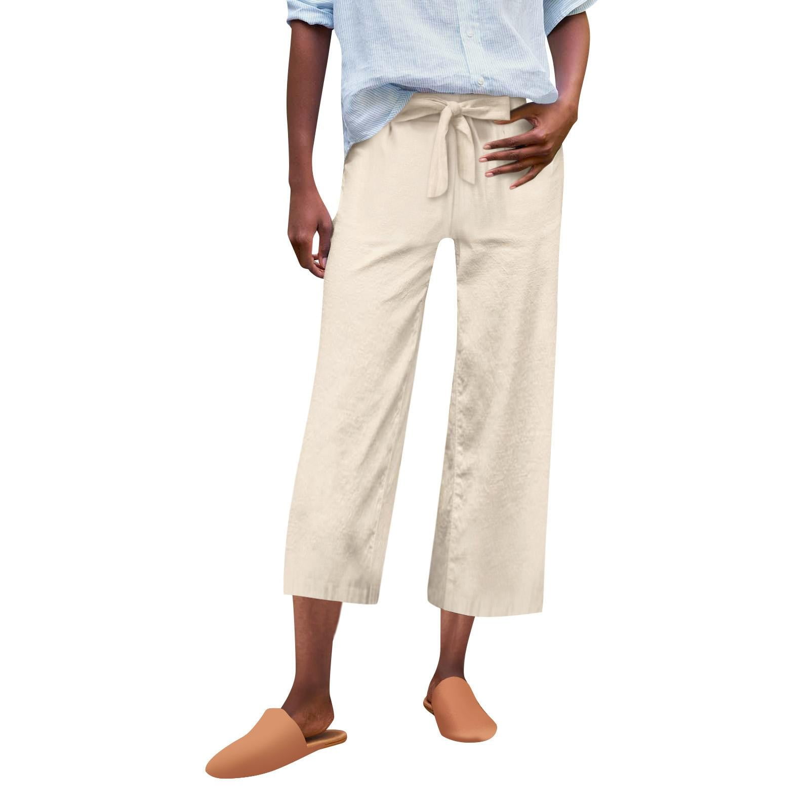Capri Linen Pants for Women, Audhol Womens Daily Elastic Waist Pockets ...