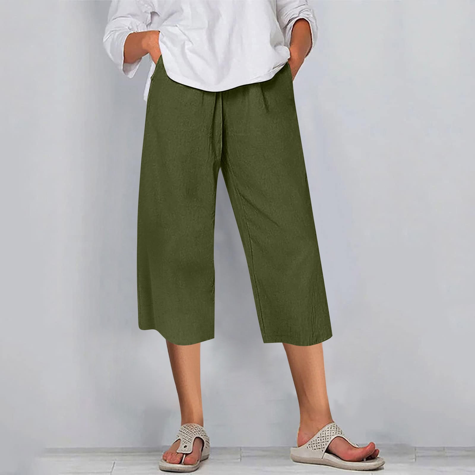Capri Linen Pants Women Straight Leg Summer Pants Cropped Elastic ...