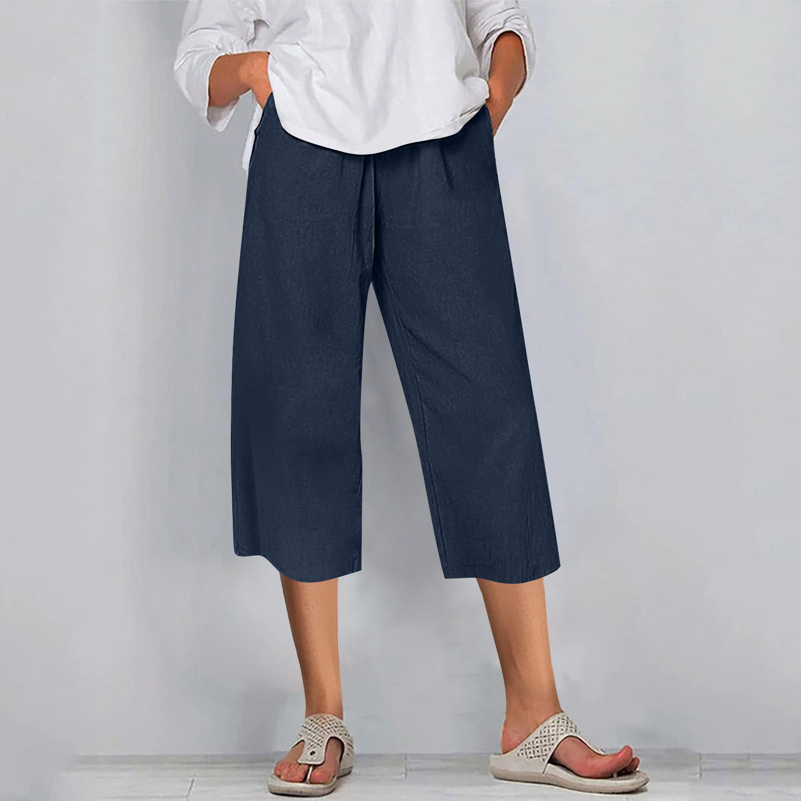 Capri Linen Pants Women Straight Leg Summer Pants Cropped Elastic ...