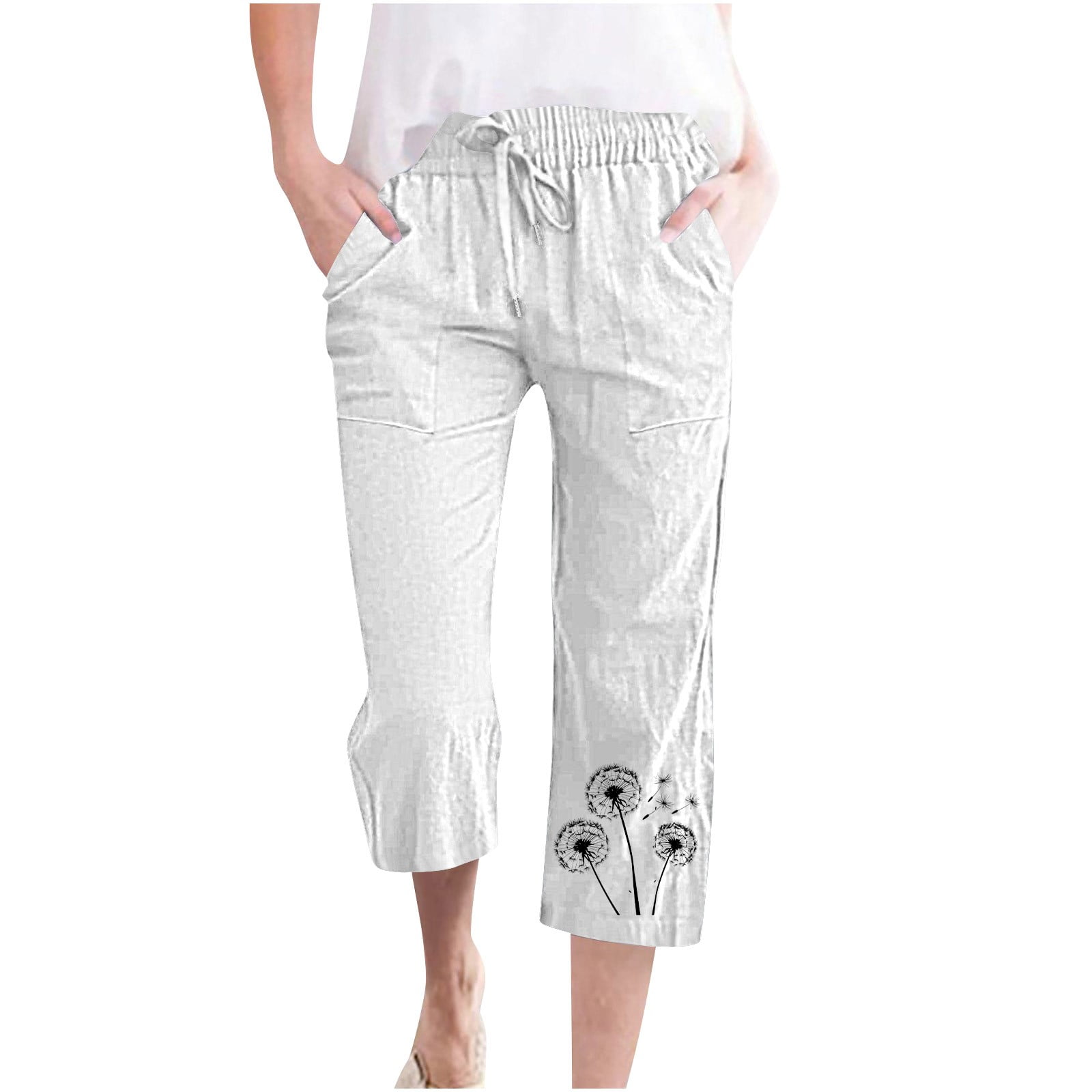 Capri Pant for Women Plus Size White Capris Drawstring Elastic Waist ...
