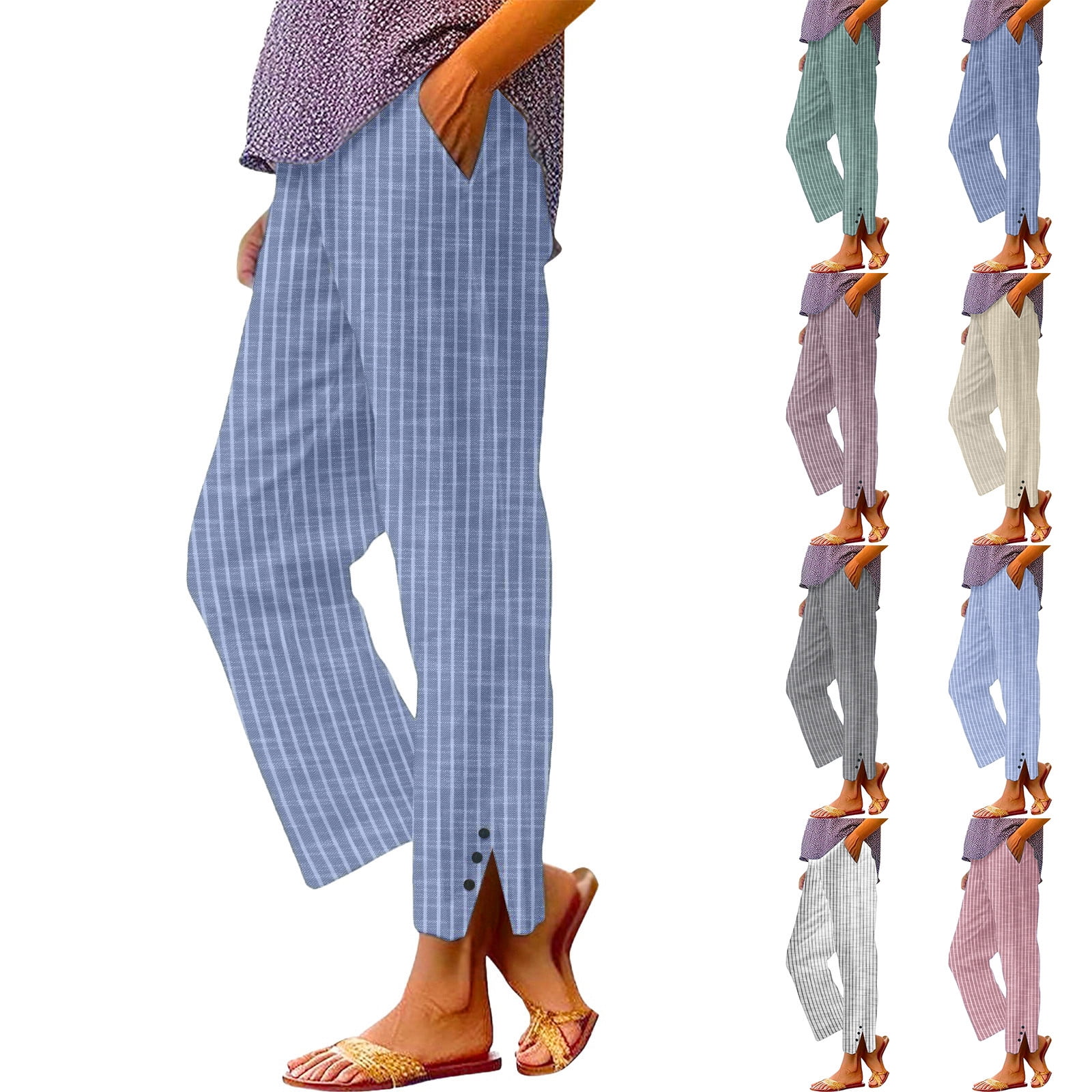 Capri Pants For Women High Waisted Long Striped Button Detail Capris ...
