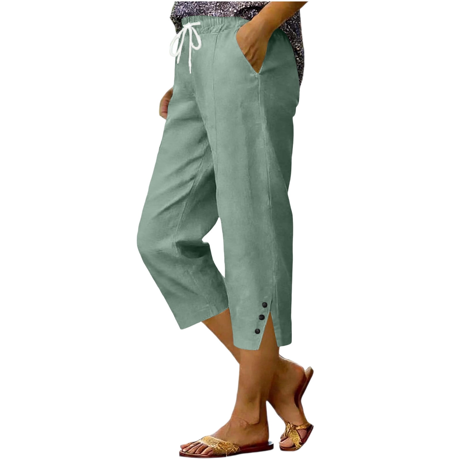 Capri Pants for Women Linen Cropped Trousers Ladies 3/4 Length Pant ...