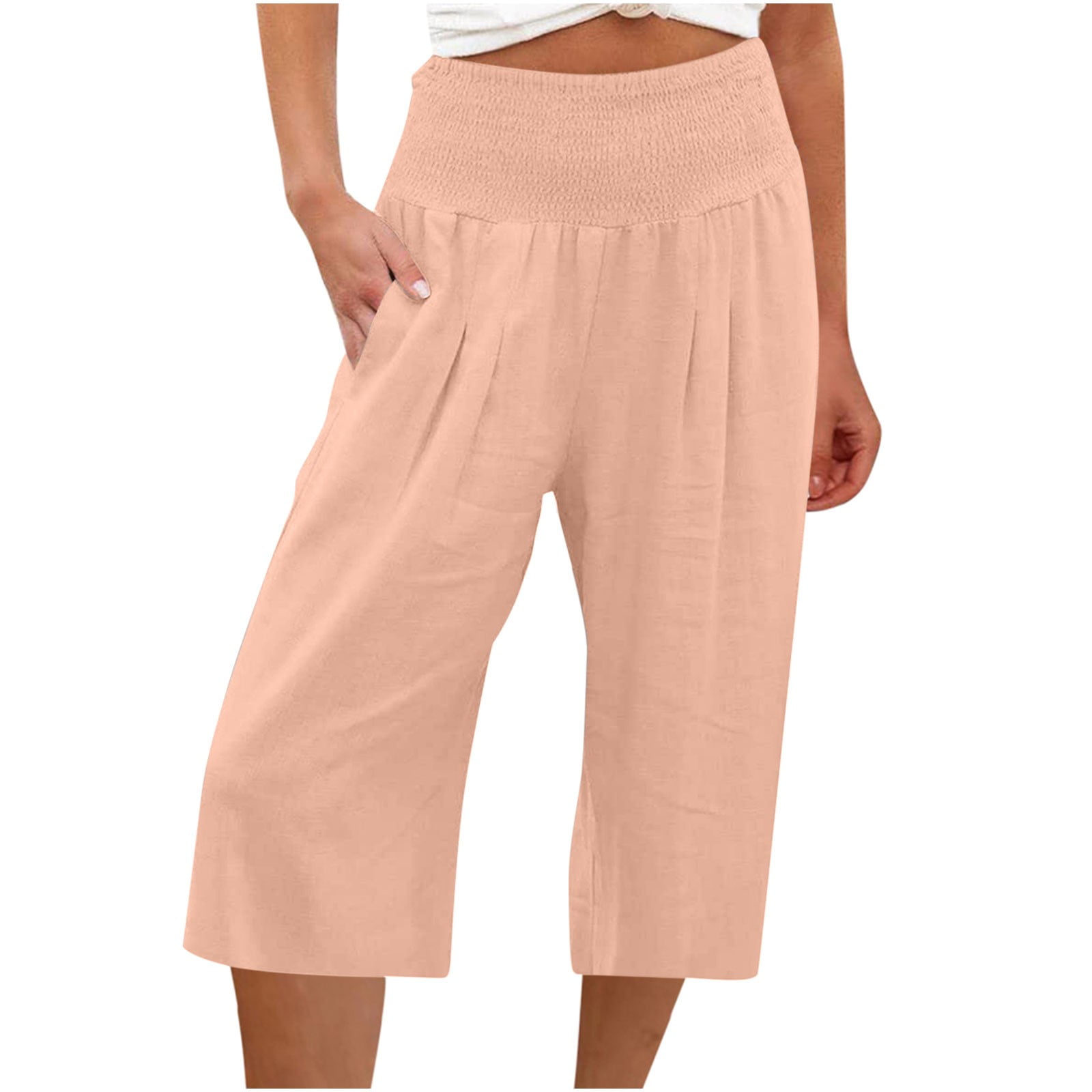 Capri Pants For Women Wide Leg High Elasticated Waist Loose Solid 3 4
